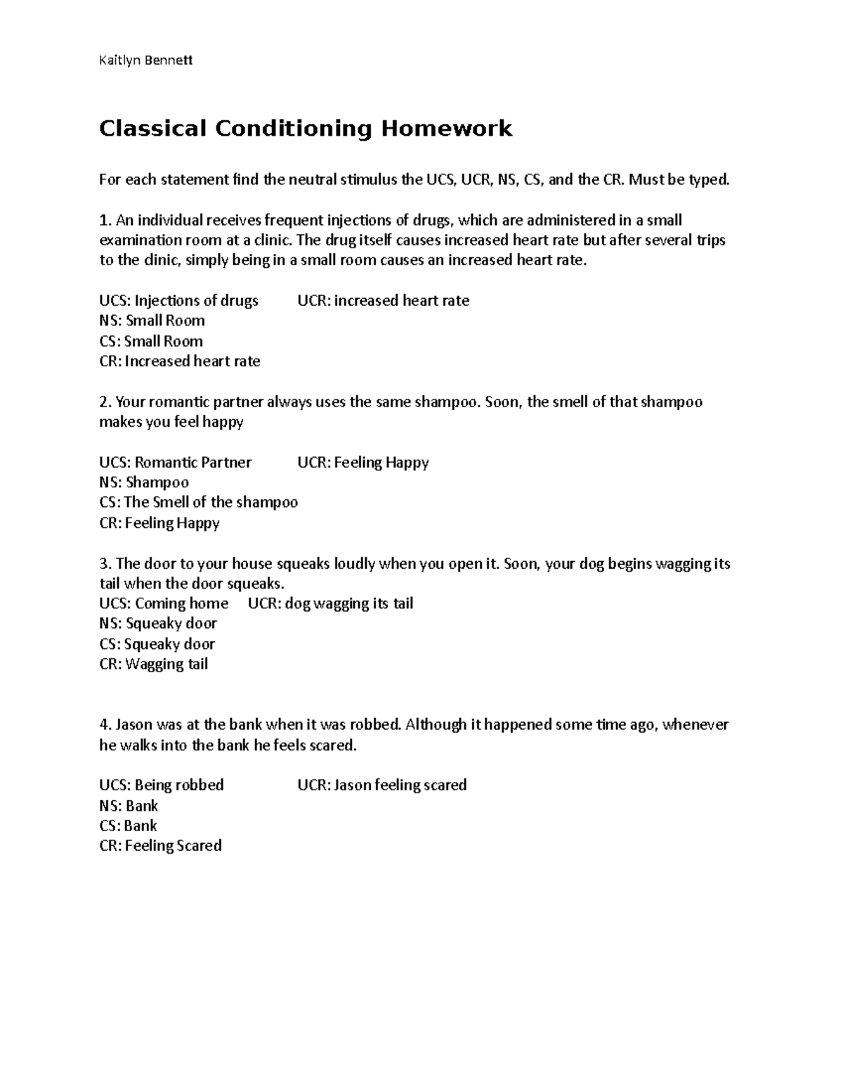 Classical conditioning homework - Kaitlyn Bennet Classical Conditioning ...