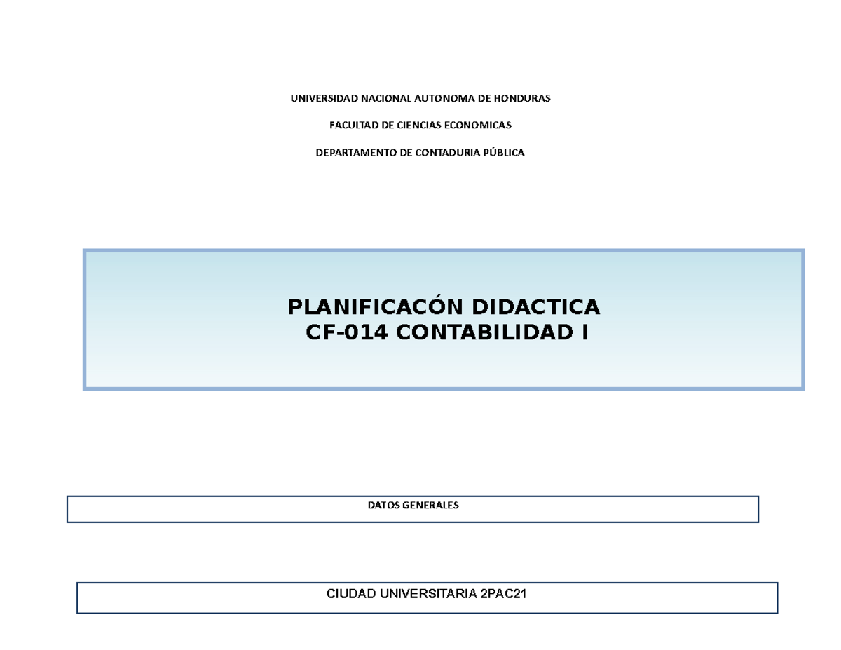 Unah 2P21 CF014 1901 Planificación Didáctica Contabilidad I - UNAH - Studocu