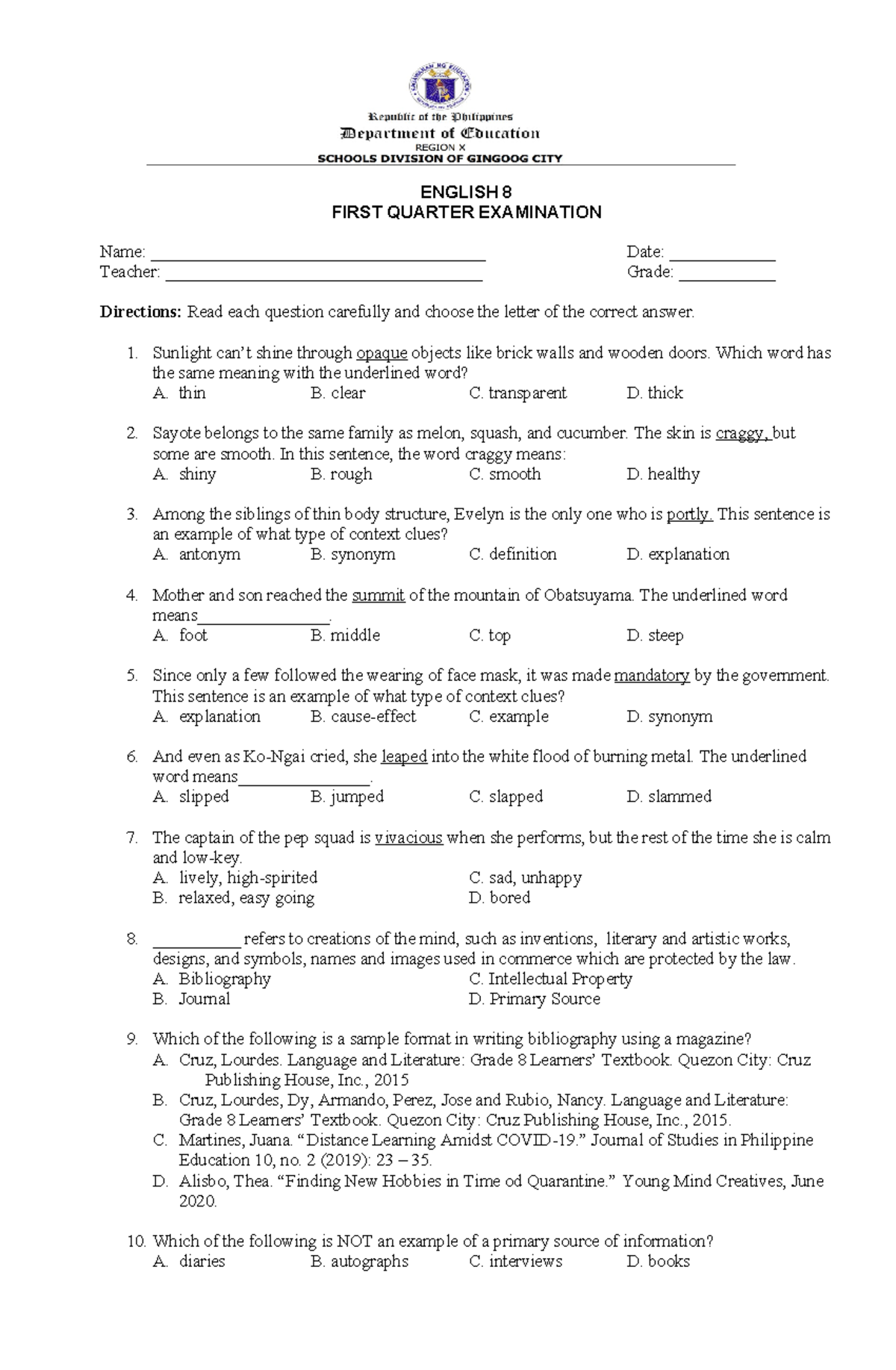 English-8-TEST-Q1 with answer - ENGLISH 8 FIRST QUARTER EXAMINATION ...