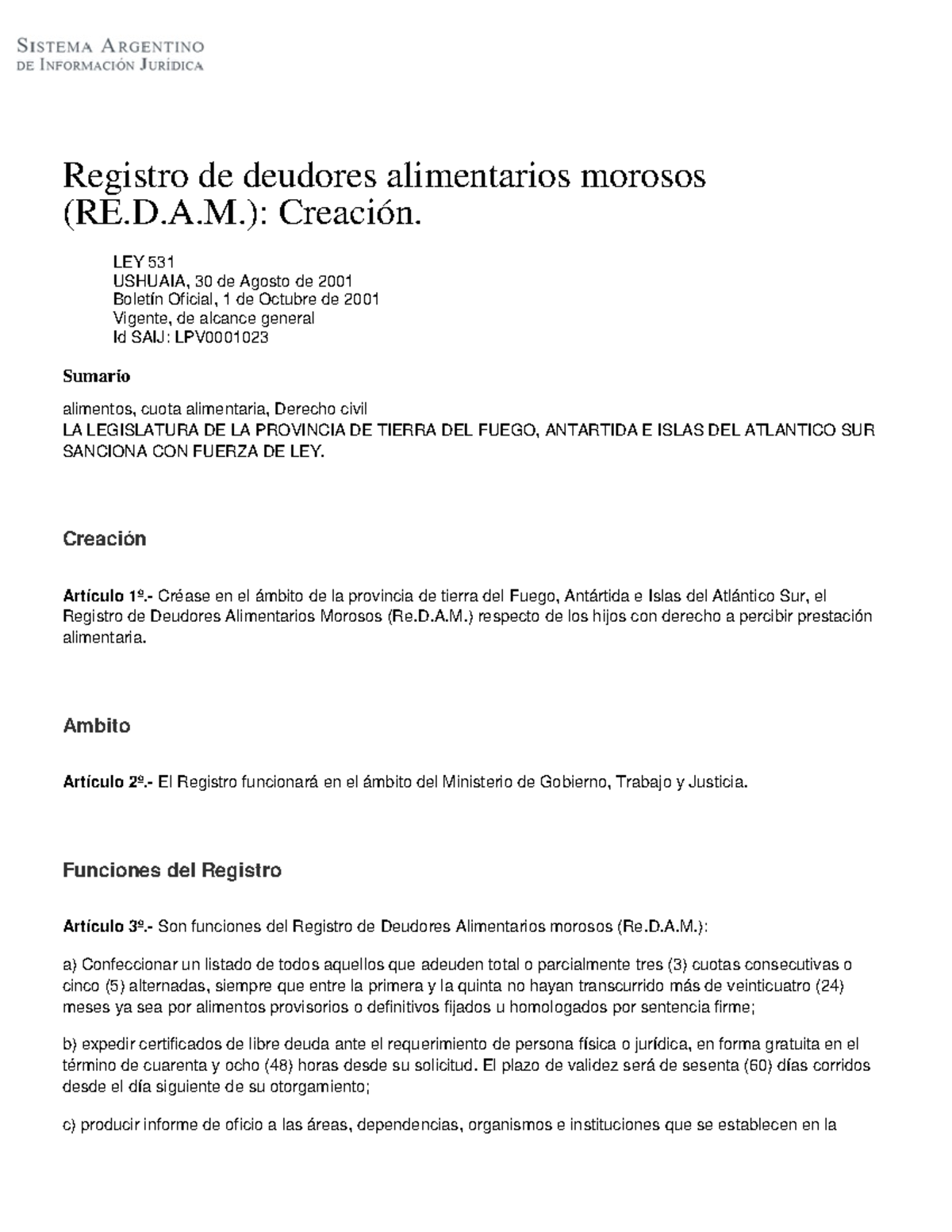 Registro de deudores alimentarios morosos (RE.D.A.M.) Creación ...