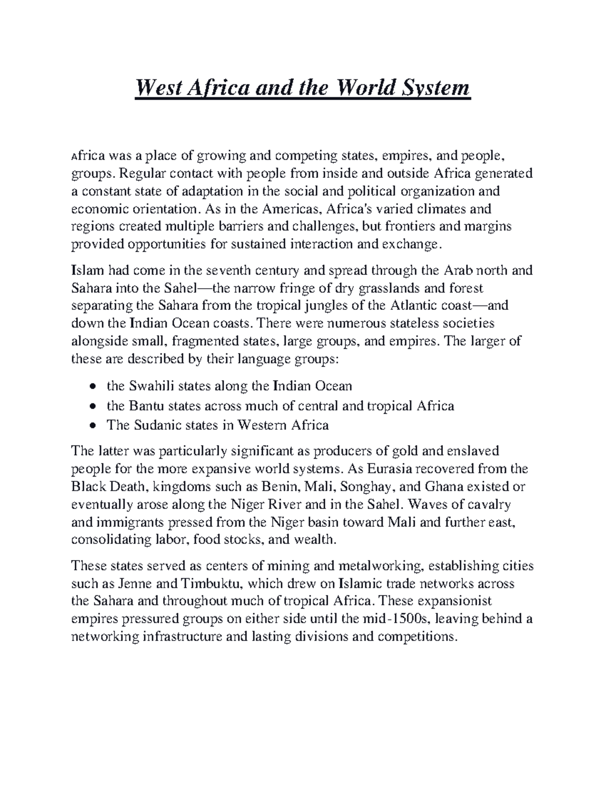 West Africa and the World System - Regular contact with people from ...