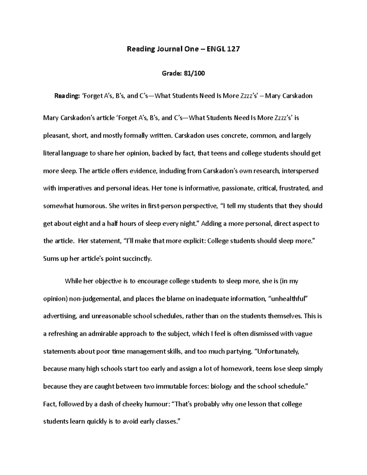 Reading journal one - Reading Journal One – ENGL 127 Grade: 81/ Reading ...