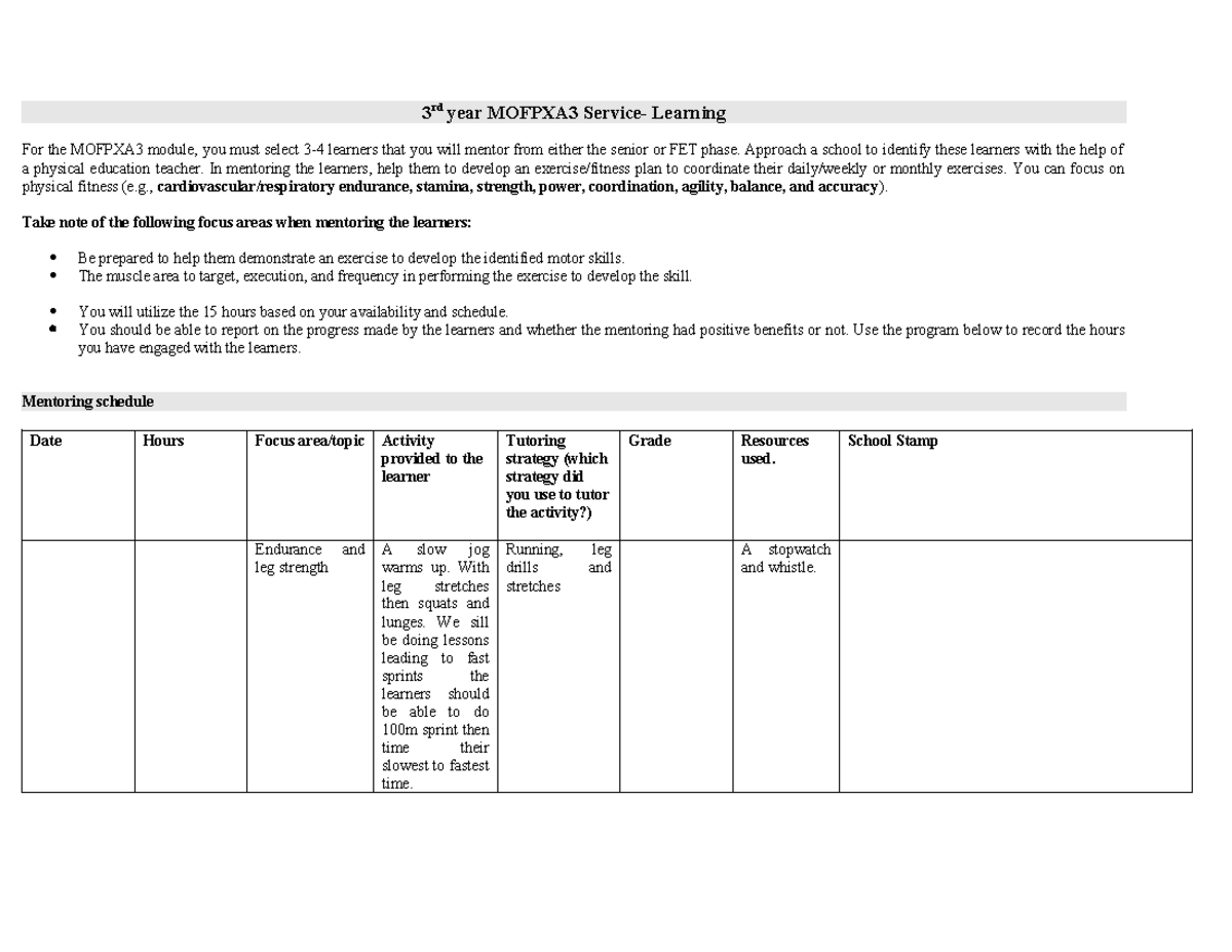 Service pe register 2024 - 3 rd year MOFPXA3 Service- Learning For the ...