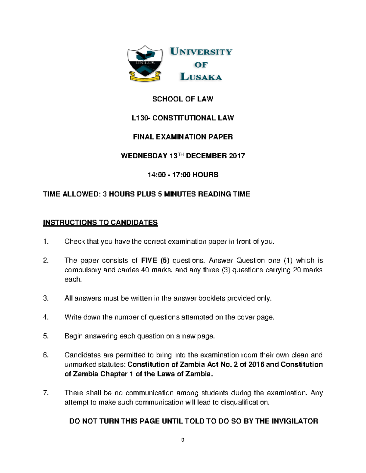 L112 2018 semester 1 Final exam - SCHOOL OF LAW L130- CONSTITUTIONAL ...