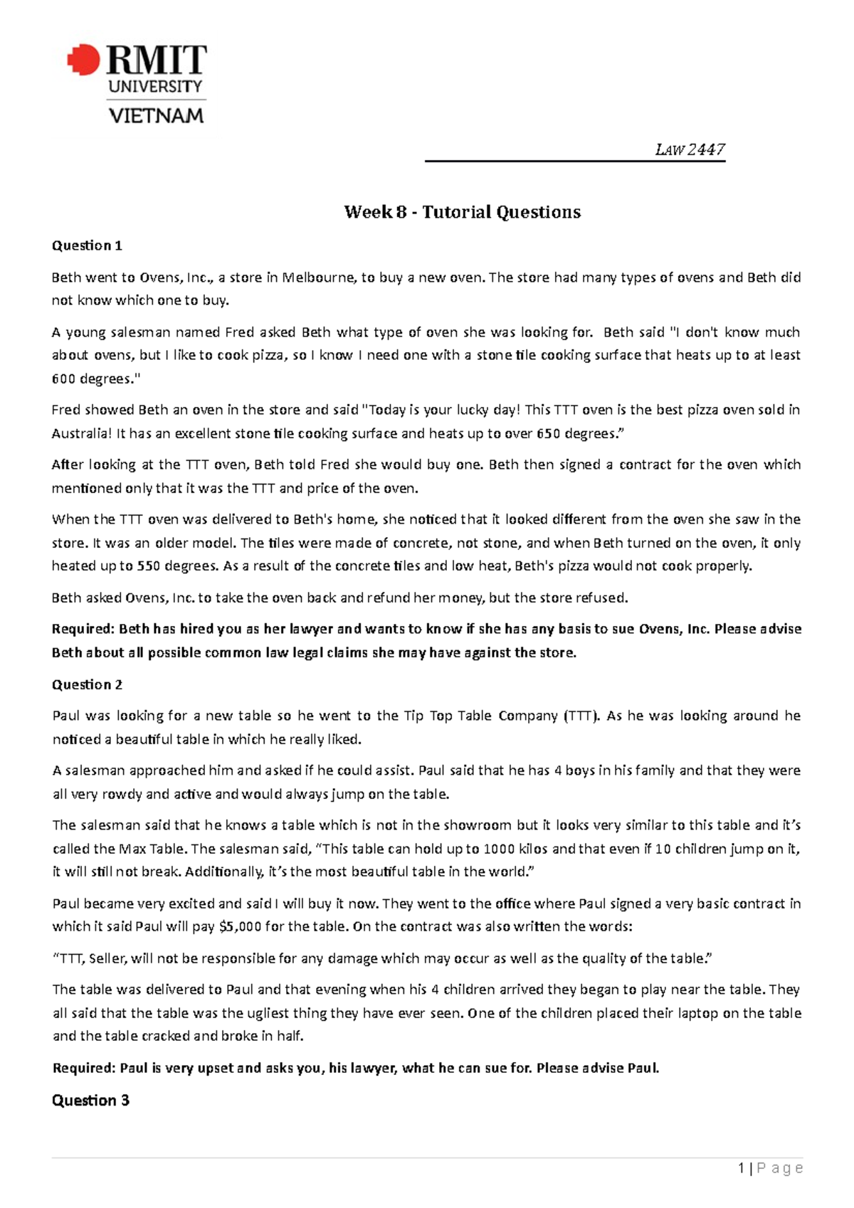 Week 8 Tutorial Questions - LAW 2447 Week 8 - Tutorial Questions ...