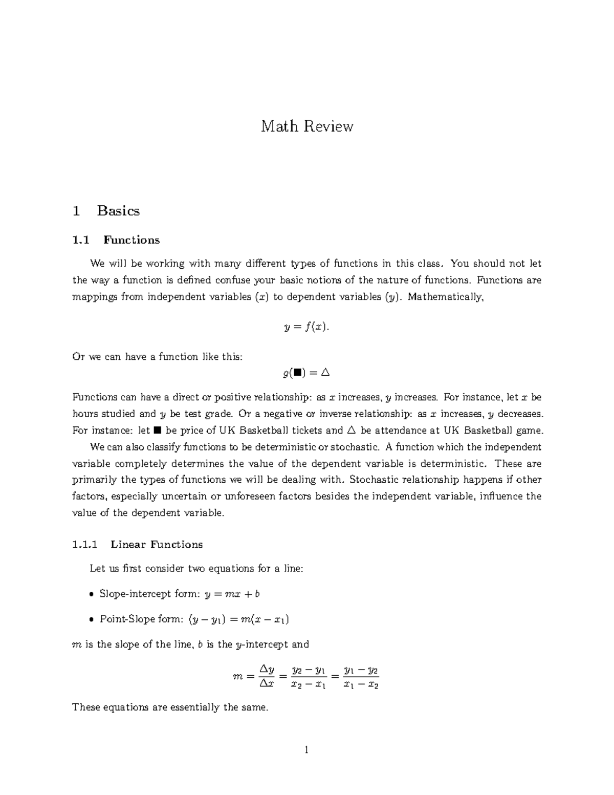 Notes #1 Math Review - Math Review 1 Basics 1 Functions We will be ...