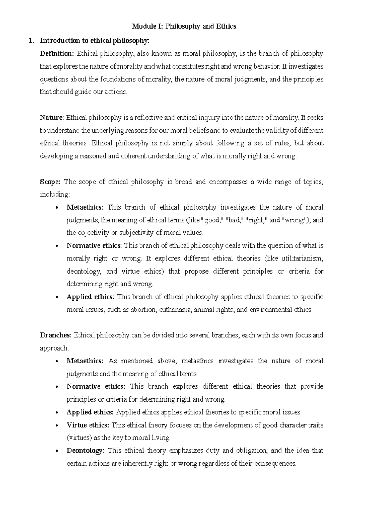 Module I - Introduction to ethical philosophy: Definition: Ethical ...