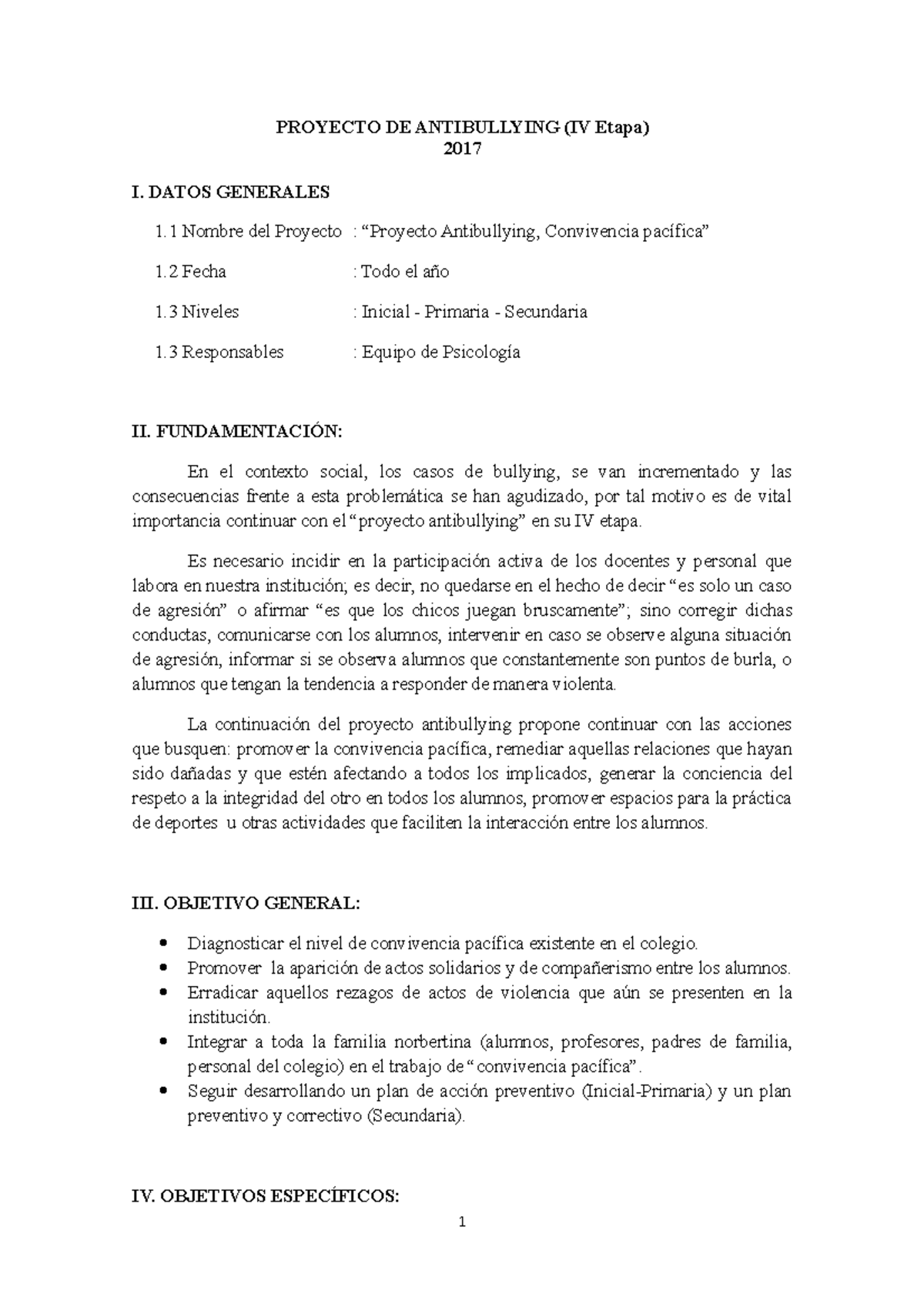 Proyecto Antibullying 2017 - PROYECTO DE ANTIBULLYING (IV Etapa) 2017 I ...