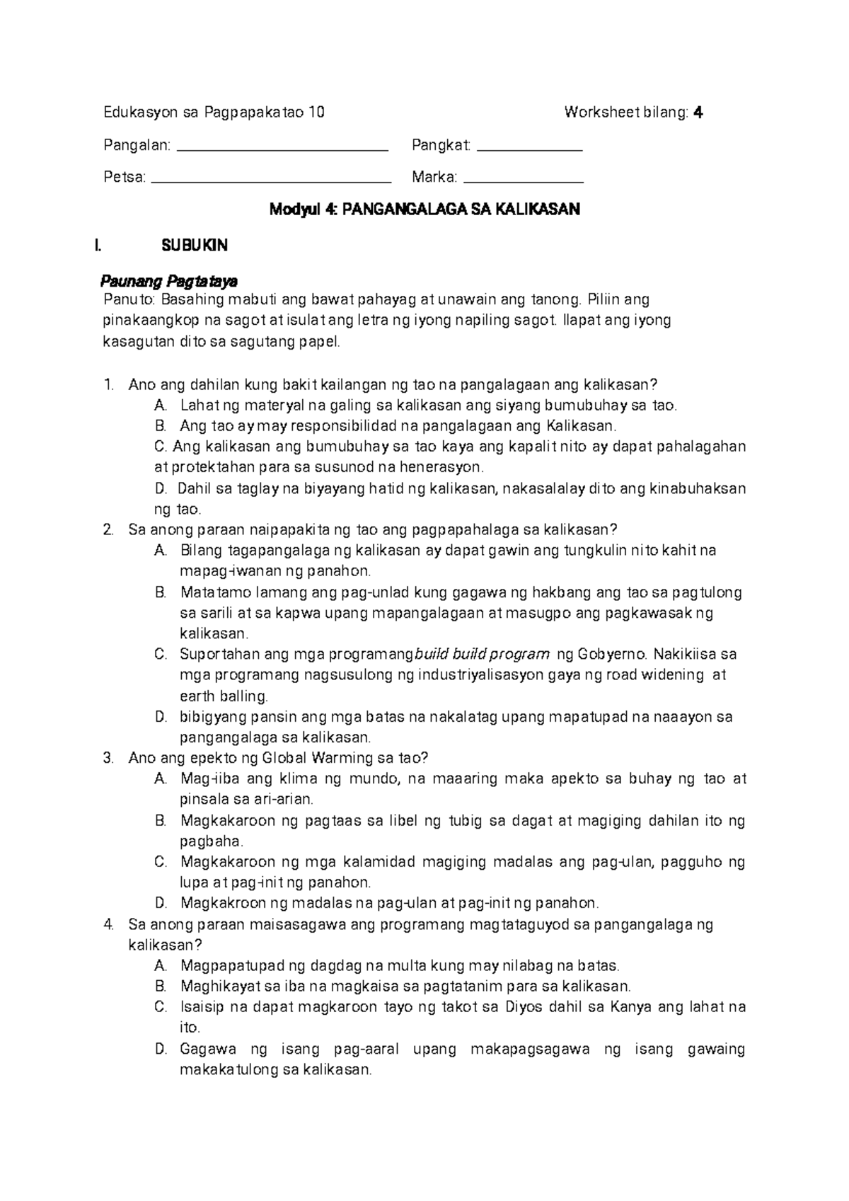 ESP G10 4TH Quarter Module 4 WS Pangangalaga SA Kalikasan - Edukasyon ...
