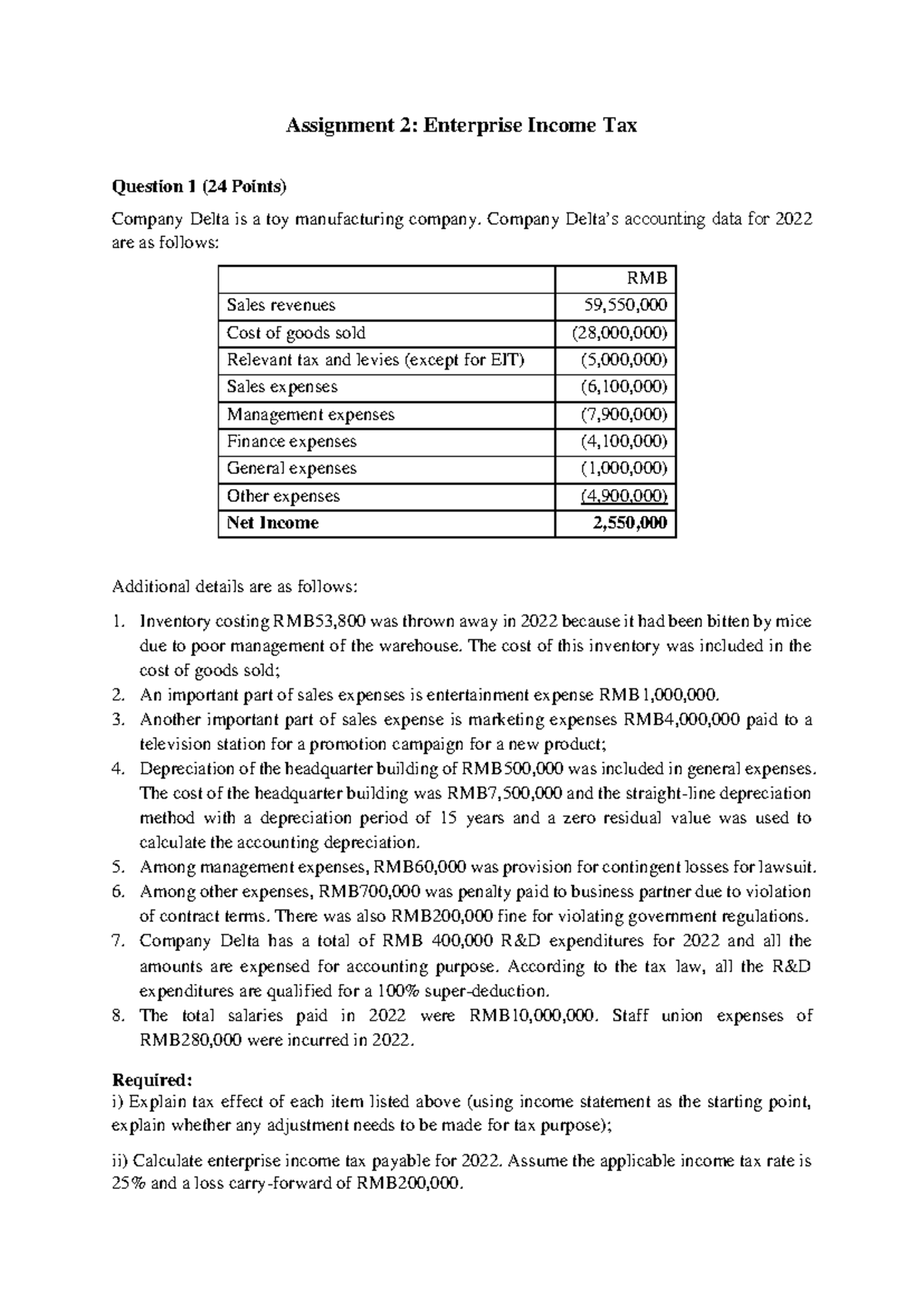 Assignment 2 EIT - Enterprise income tax - Assignment 2: Enterprise Income Tax Question 1 ( 24 ...