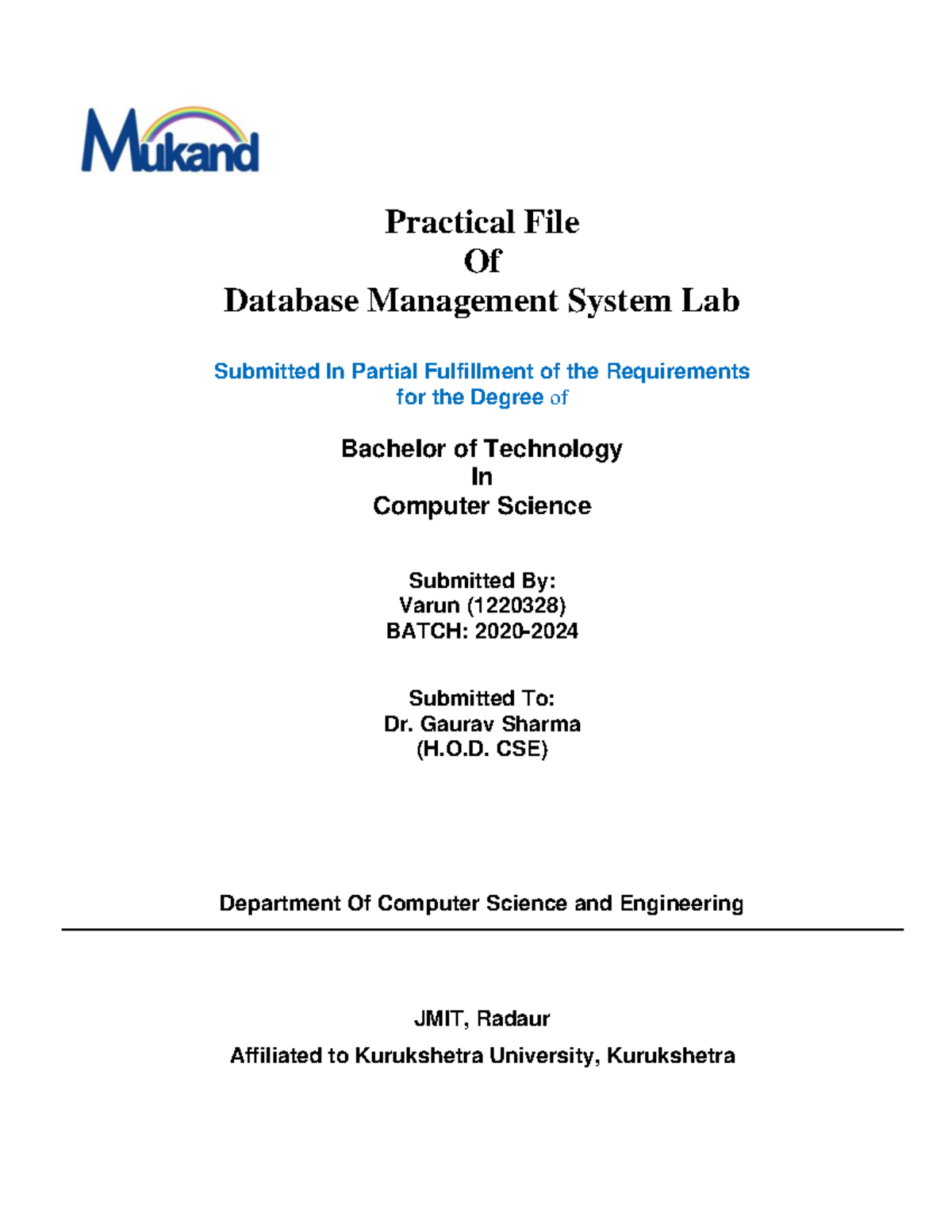 Varun Eit File1 - file - Practical File Of Database Management System Lab Submitted In Partial ...