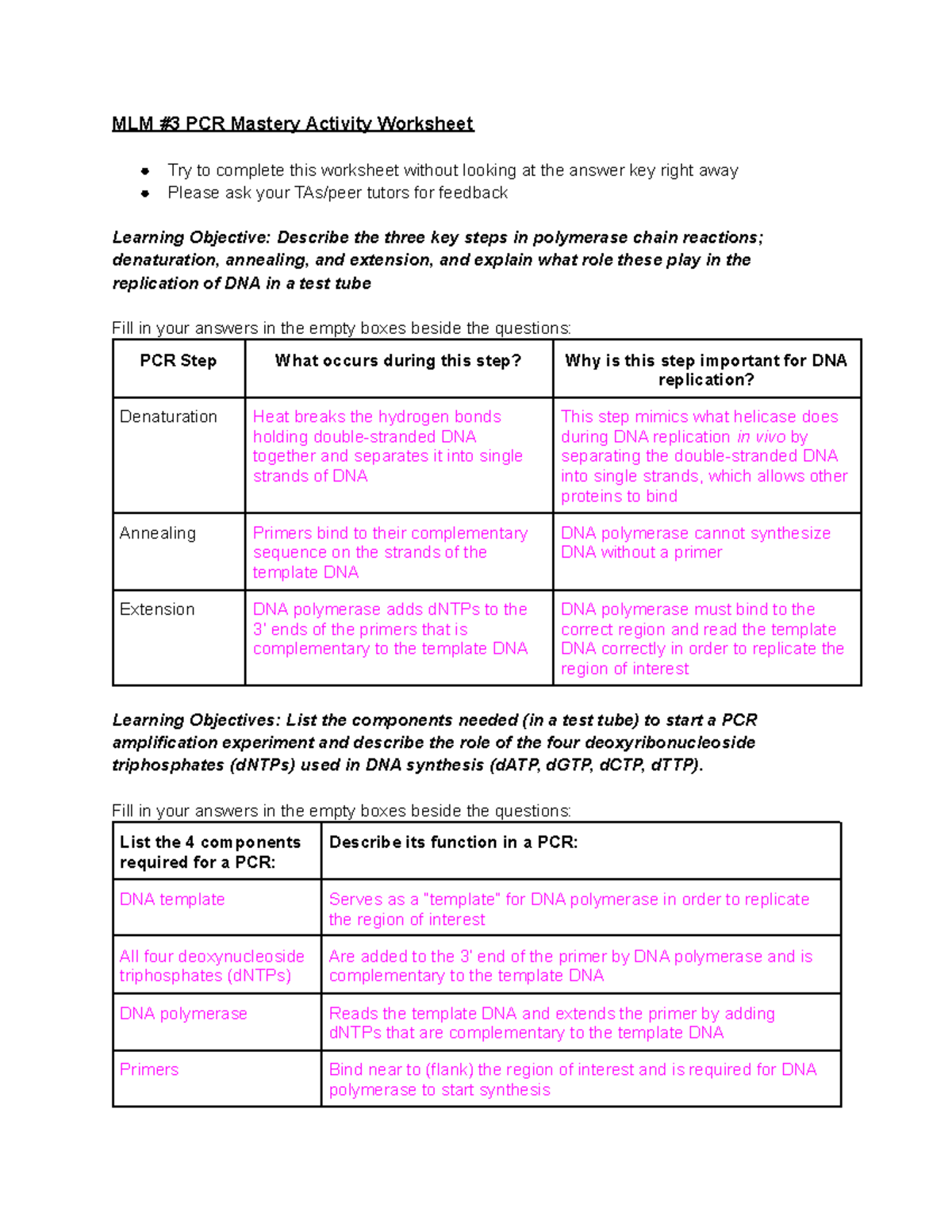 MLM3 Mastery Activity Answer Key - MLM #3 PCR Mastery Activity ...