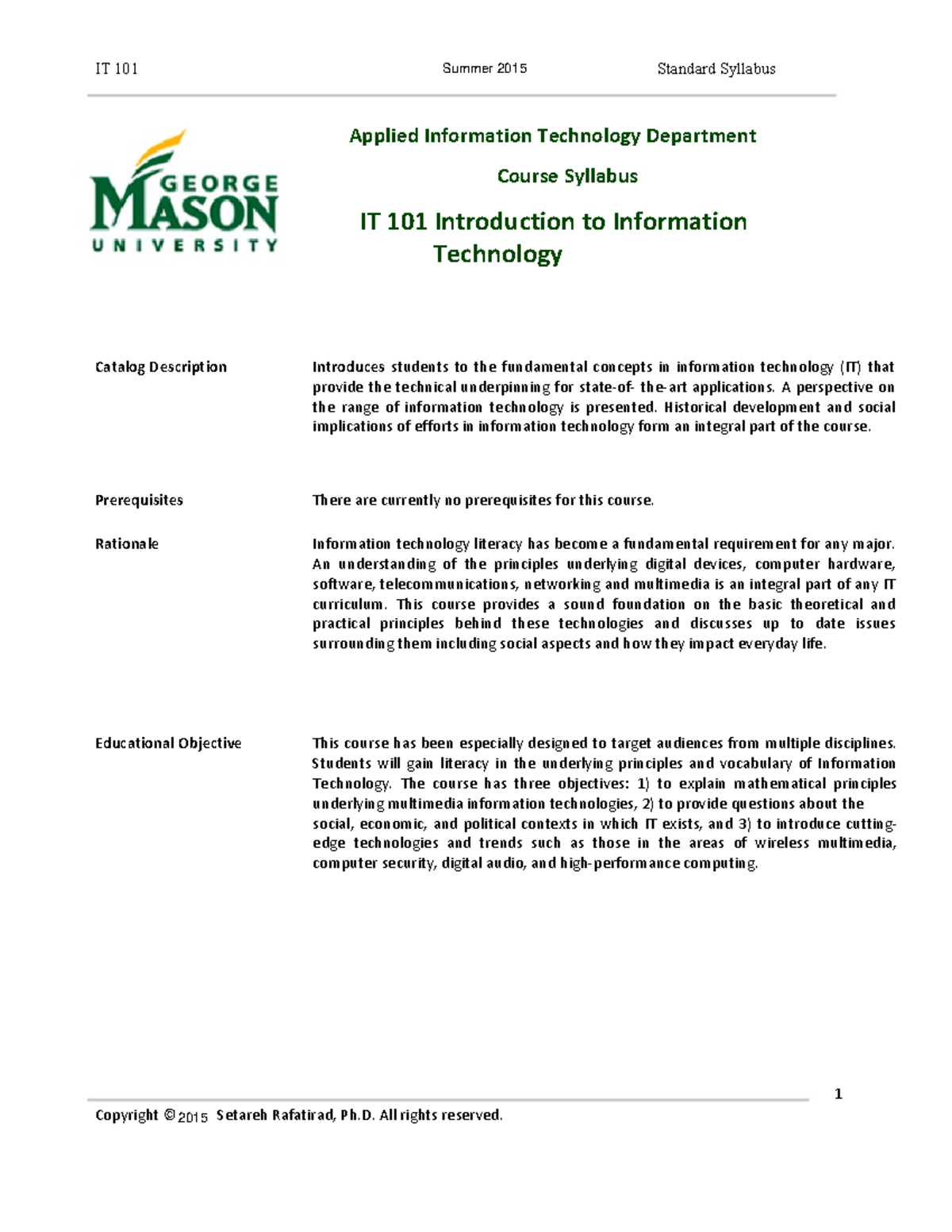 Introduction to Information - IT 101 Fall 2014 Standard Syllabus ...