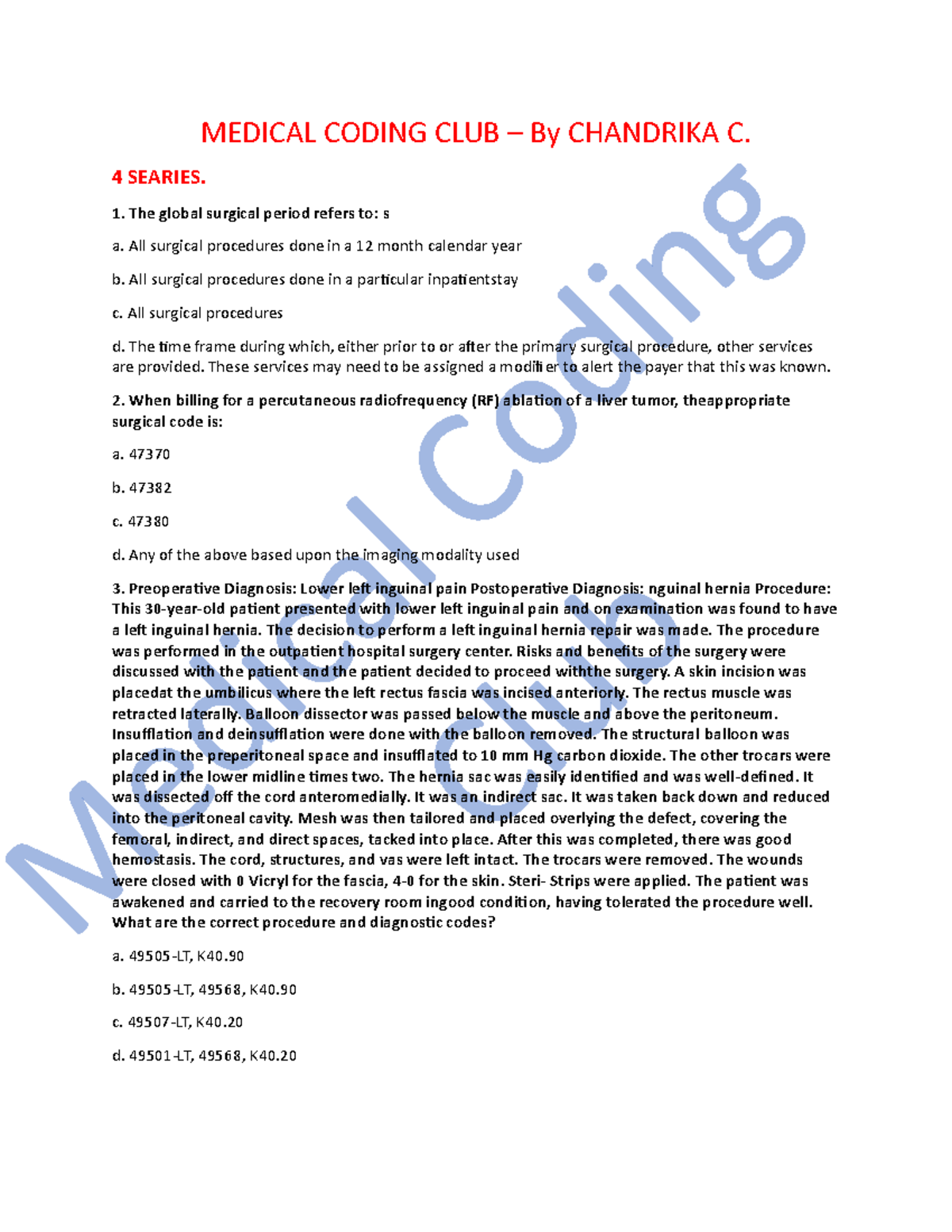 4 searies questions - cpt - MEDICAL CODING CLUB – By CHANDRIKA C. 4 ...