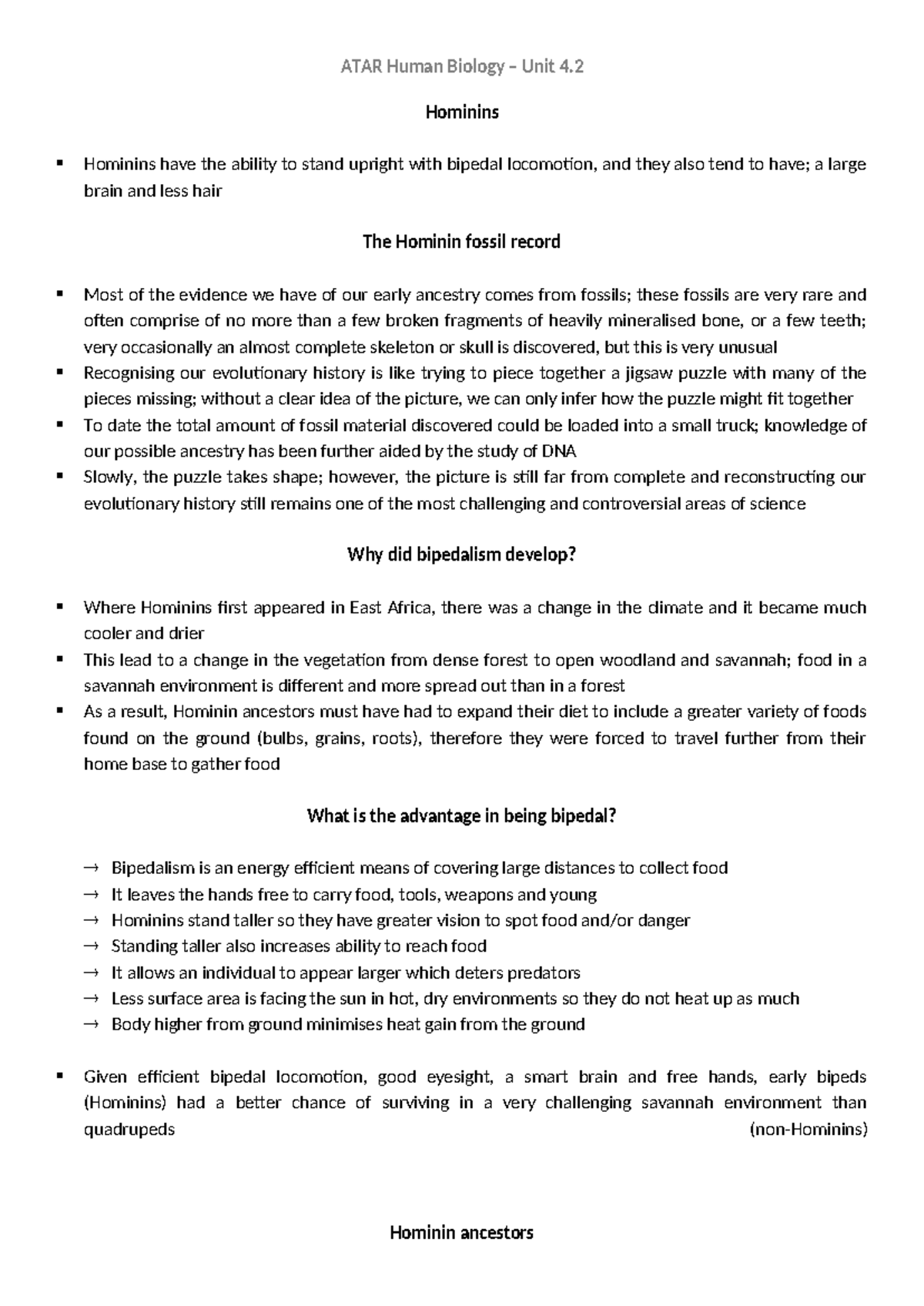Human Biology Unit 4 Hominins notes - Hominins Hominins have the ...