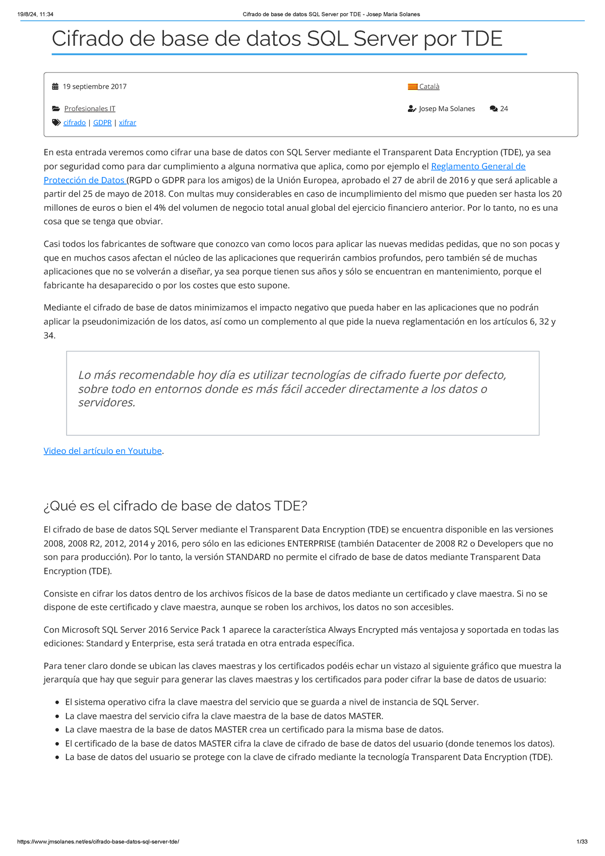 Cifrado de base de datos SQL Server por TDE - Josep Maria Solanes - Cifrado de base de datos SQL ...