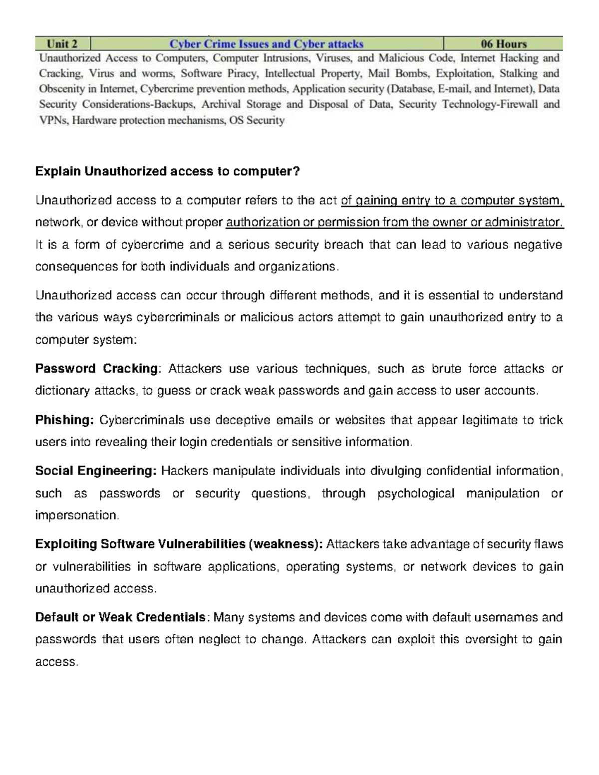 Cs Unit 1 Cyber Security Explain Unauthorized Access To Computer