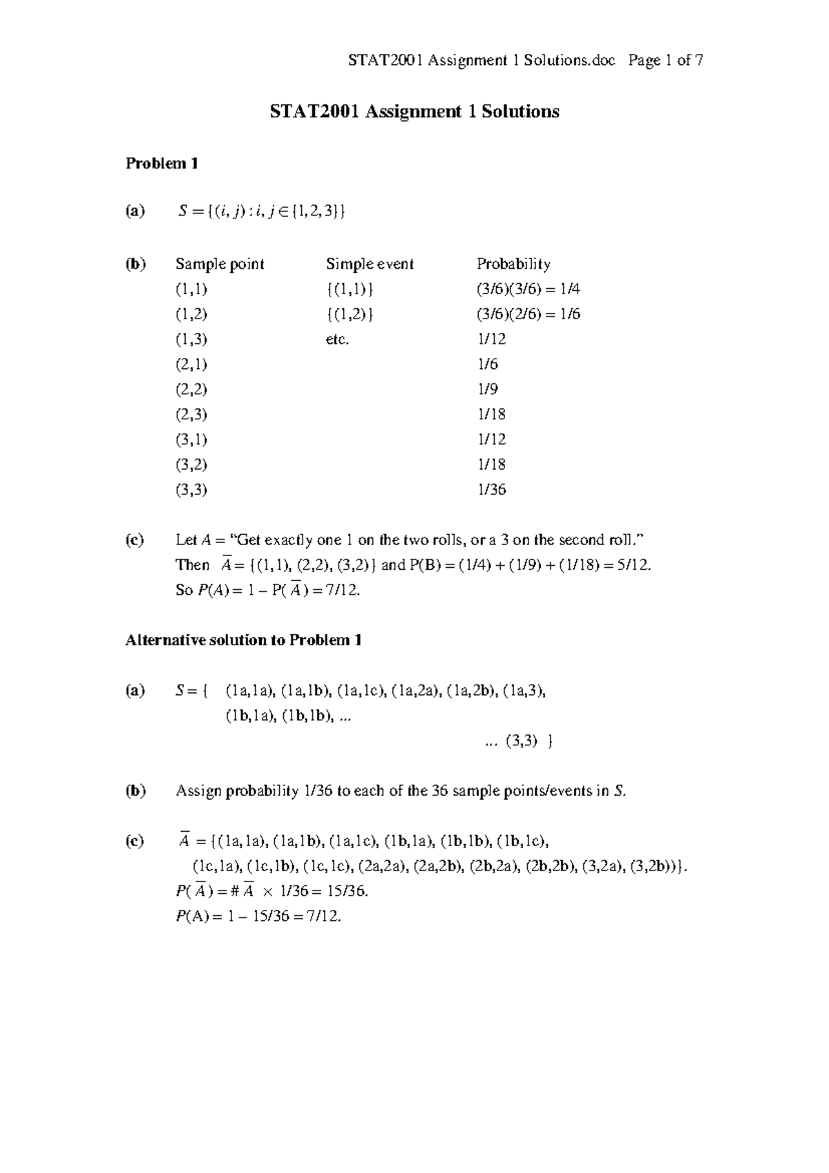 STAT2001 Assignment 1 (2020) Solutions - STAT2001 Assignment 1 Solutions Problem 1 (a) S ...
