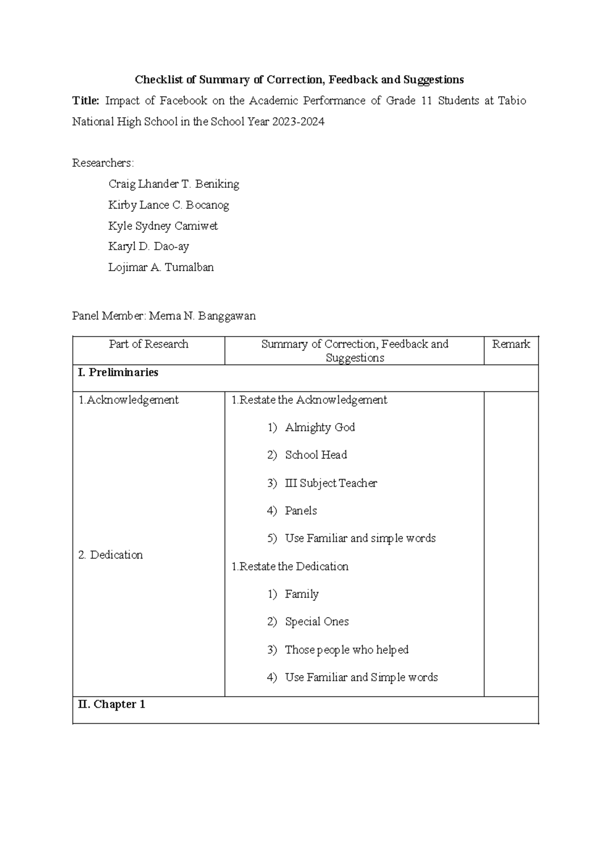 Checklist of Summary of Correction - Beniking Kirby Lance C. Bocanog ...