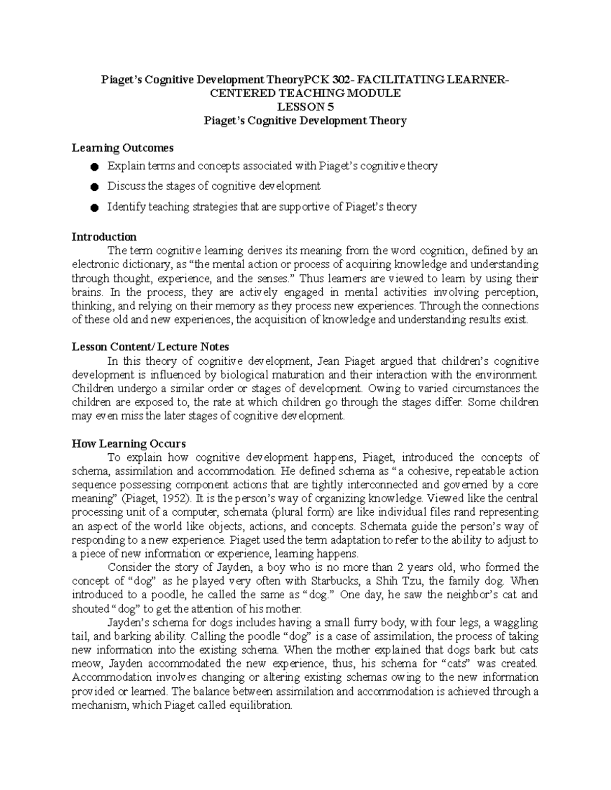 Piaget’s Cognitive Development Theory - ” Thus learners are viewed to ...