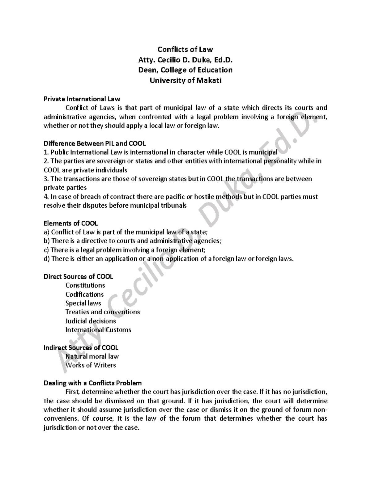 Dean Duka - Conflicts of Law - Conflicts of Law Atty. Cecilio D. Duka ...