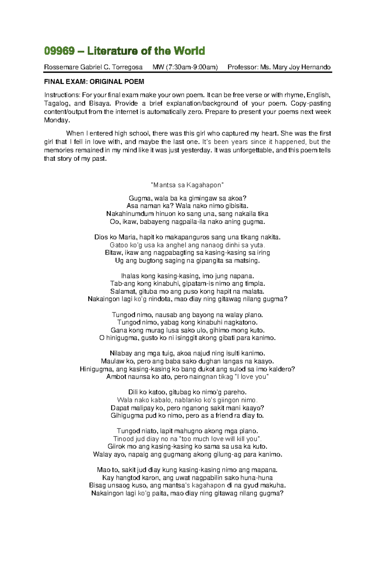 Final Exam Original Poem - Rossemare Gabriel C. Torregosa MW (7:30am-9 ...