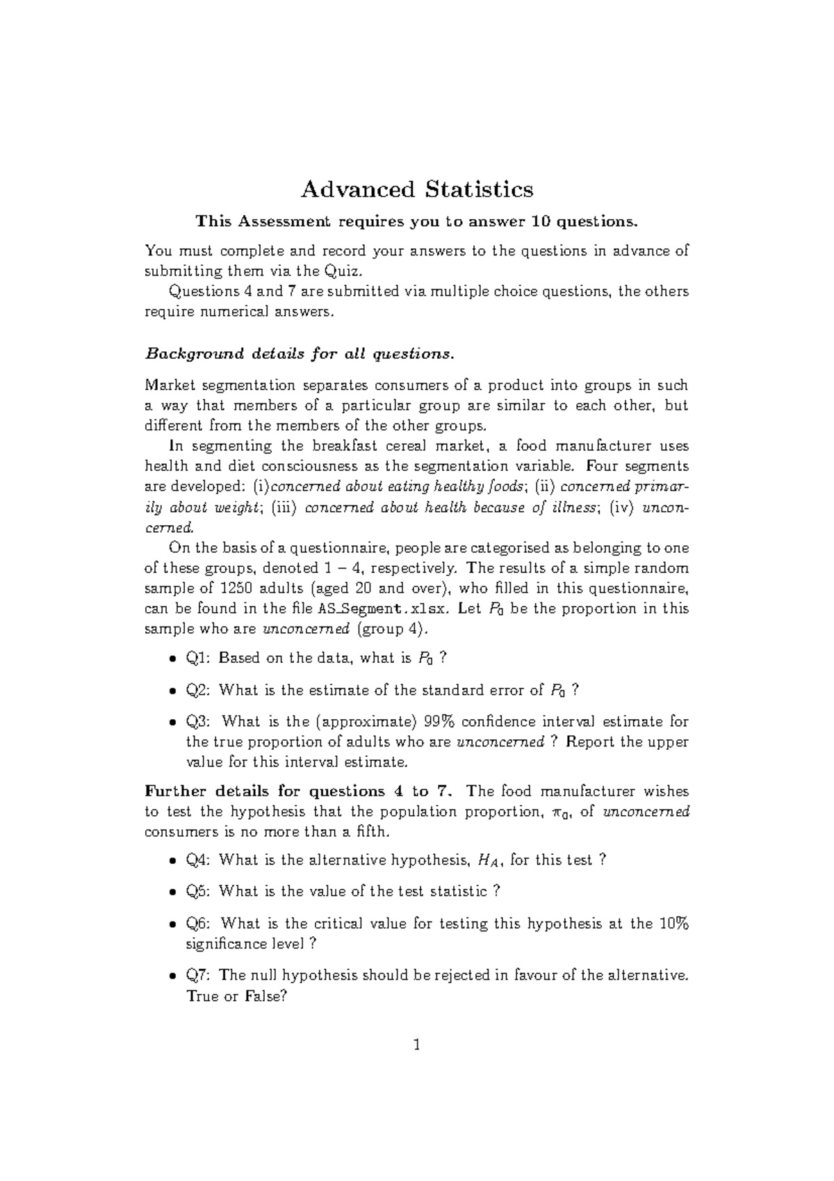 Exam 1 March 2019, questions - Advanced Statistics This Assessment ...