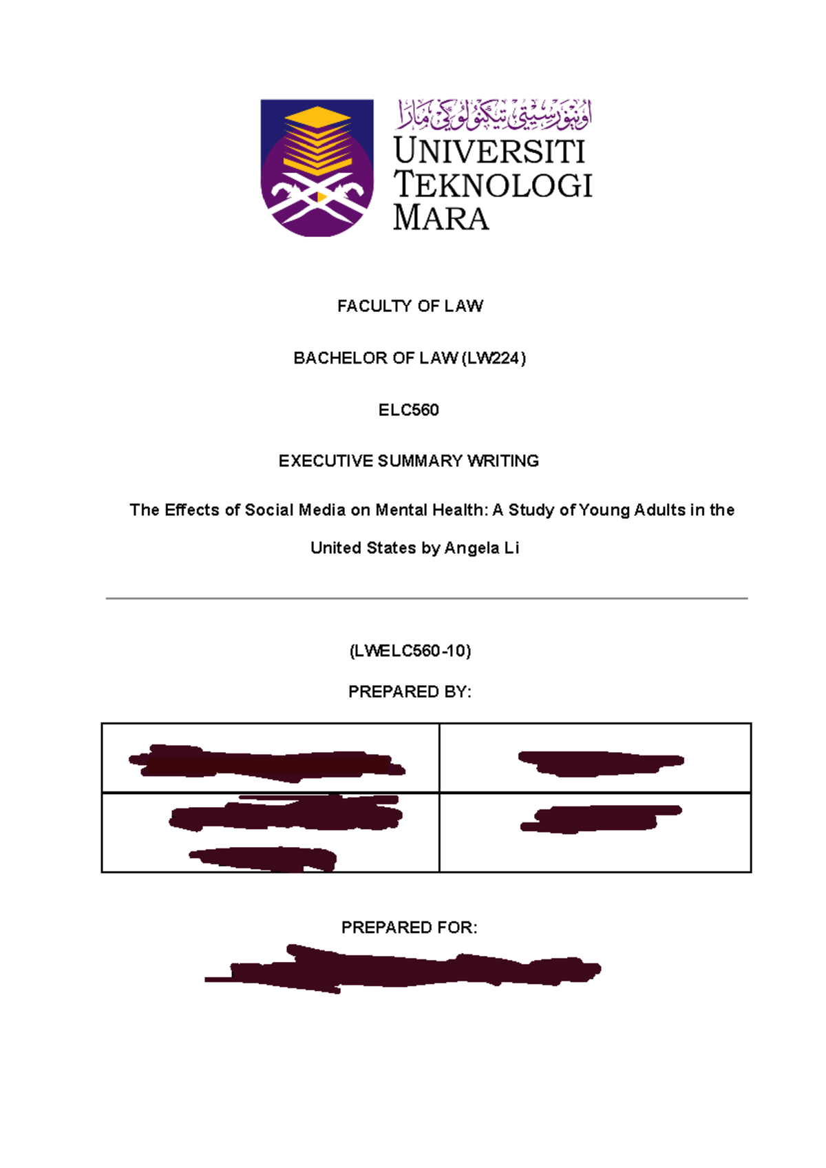 ELC560 Executive Summary Full Essay - FACULTY OF LAW BACHELOR OF LAW (LW224) ELC EXECUTIVE ...