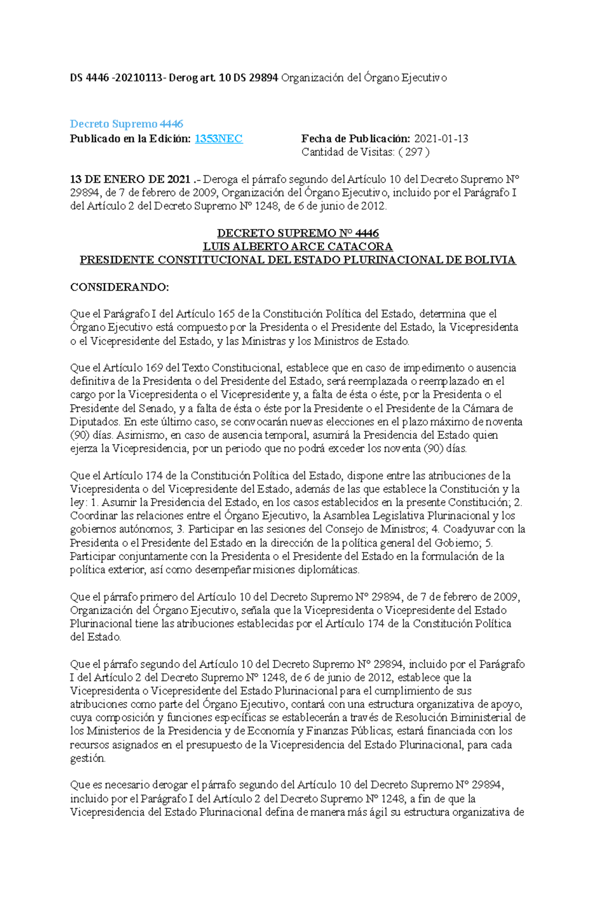 DS 4446 -20210113- Derog art. 10 DS 29894 Organización del Órgano ...