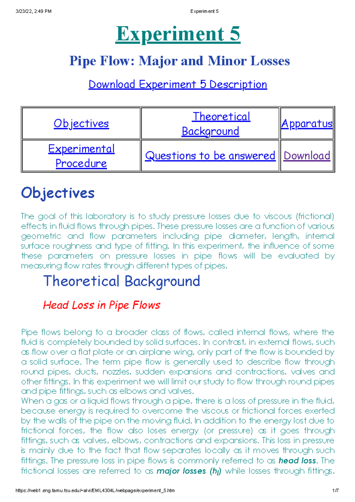 Experiment 5Find Losses in Pipe - Experiment 5 Pipe Flow: Major and ...