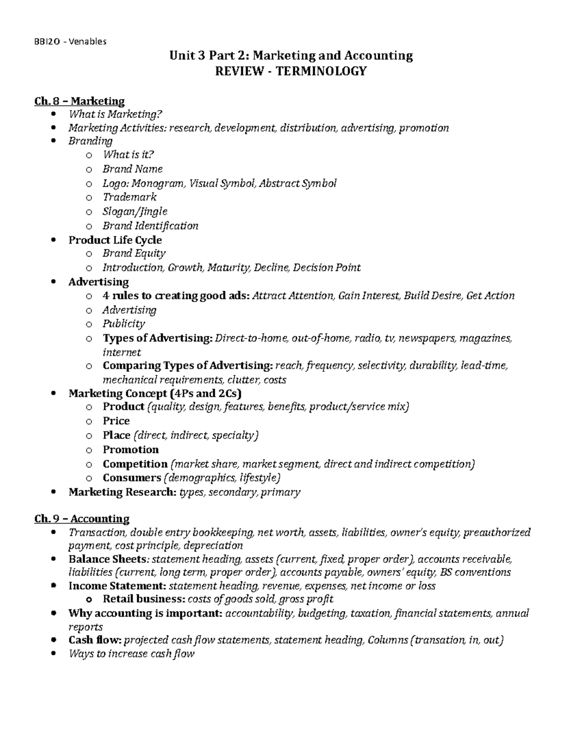 Review - Unit 3 Part 2 - Marketing and Accounting - BBI2O - Venables ...