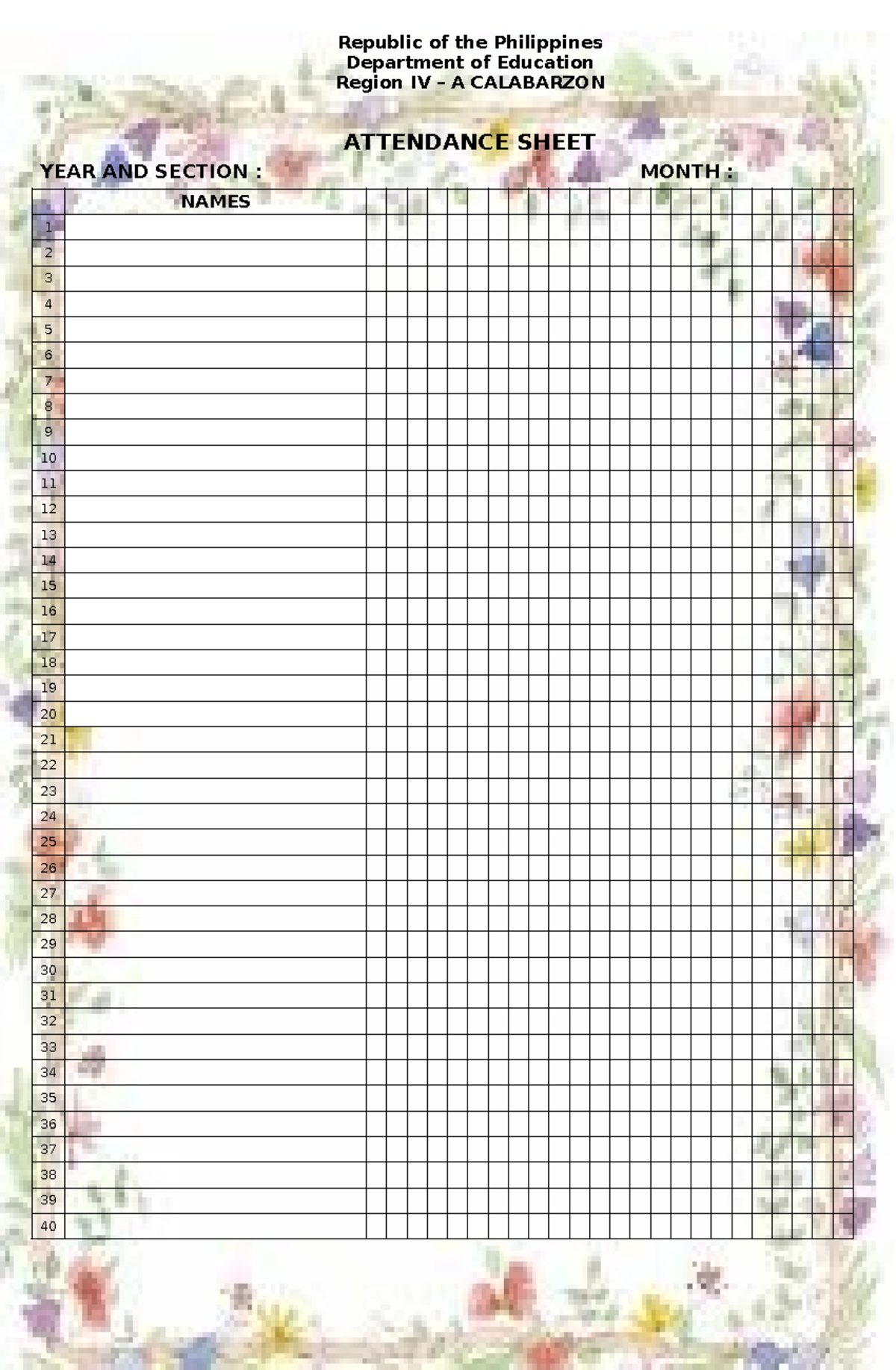 Sample Attendance Sheet - BSED Major in Social Studies - Republic of the Philippines Department ...