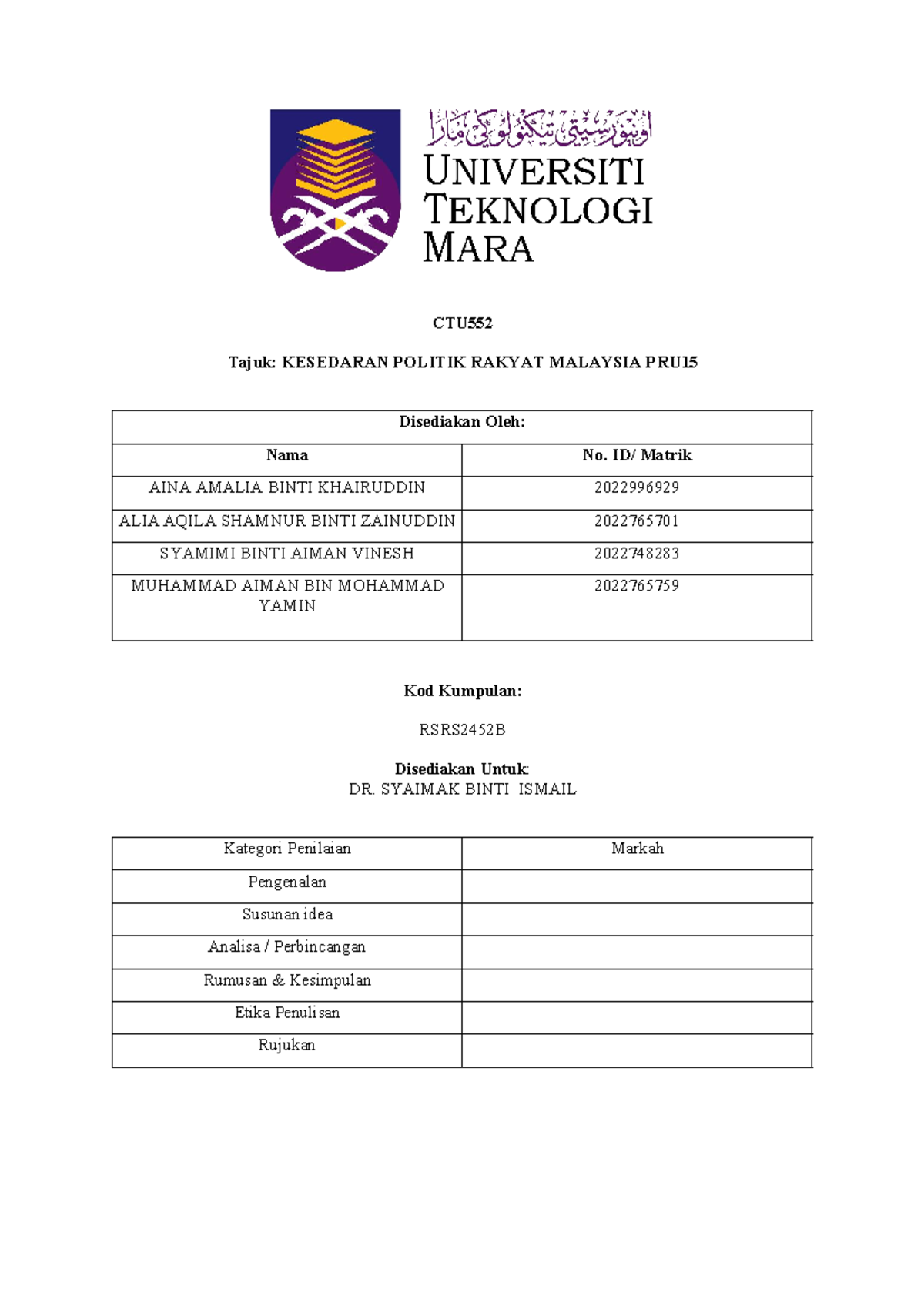 CTU554 Kesedaran Politik Rakyat Malaysia PRU15 - CTU Tajuk: KESEDARAN ...