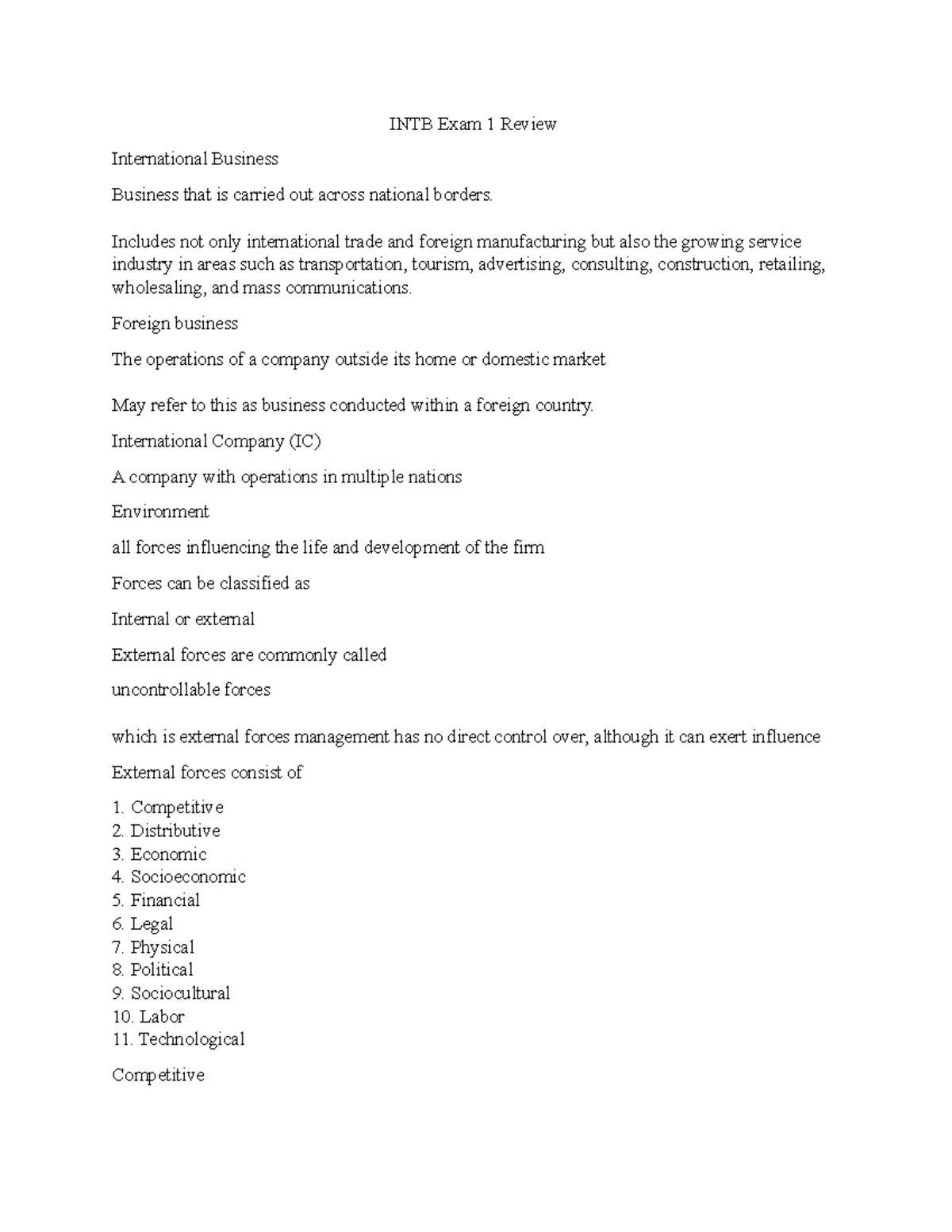 INTB Exam 1 Review - INTB Exam 1 Review International Business Business ...