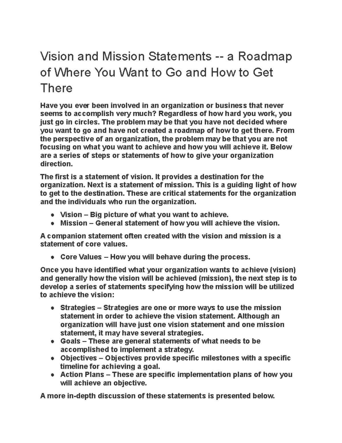 Vision and Mission Statements - a Roadmap of Where You Want to Go and ...