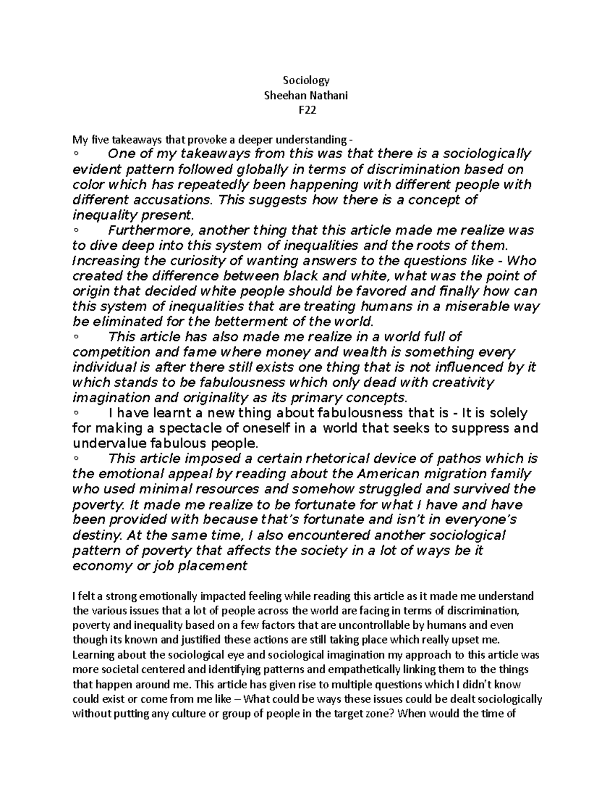 Sociology - Reflection Assignment - Sociology Sheehan Nathani F My five ...