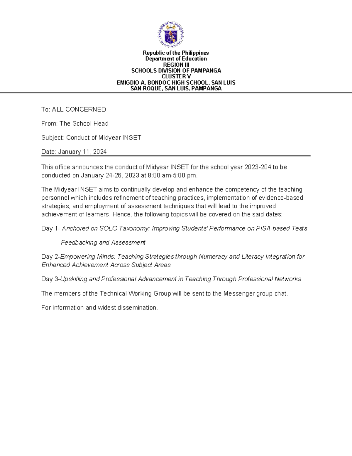 School-MEMO - INSET School Memo - Republic of the Philippines Department of Education REGION III ...