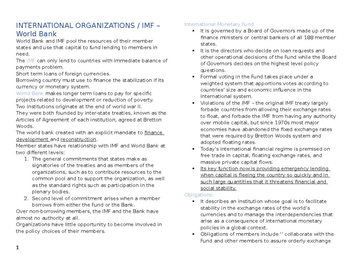 International Organizations Lecture Notes - INTERNATIONAL ORGANIZATIONS ...