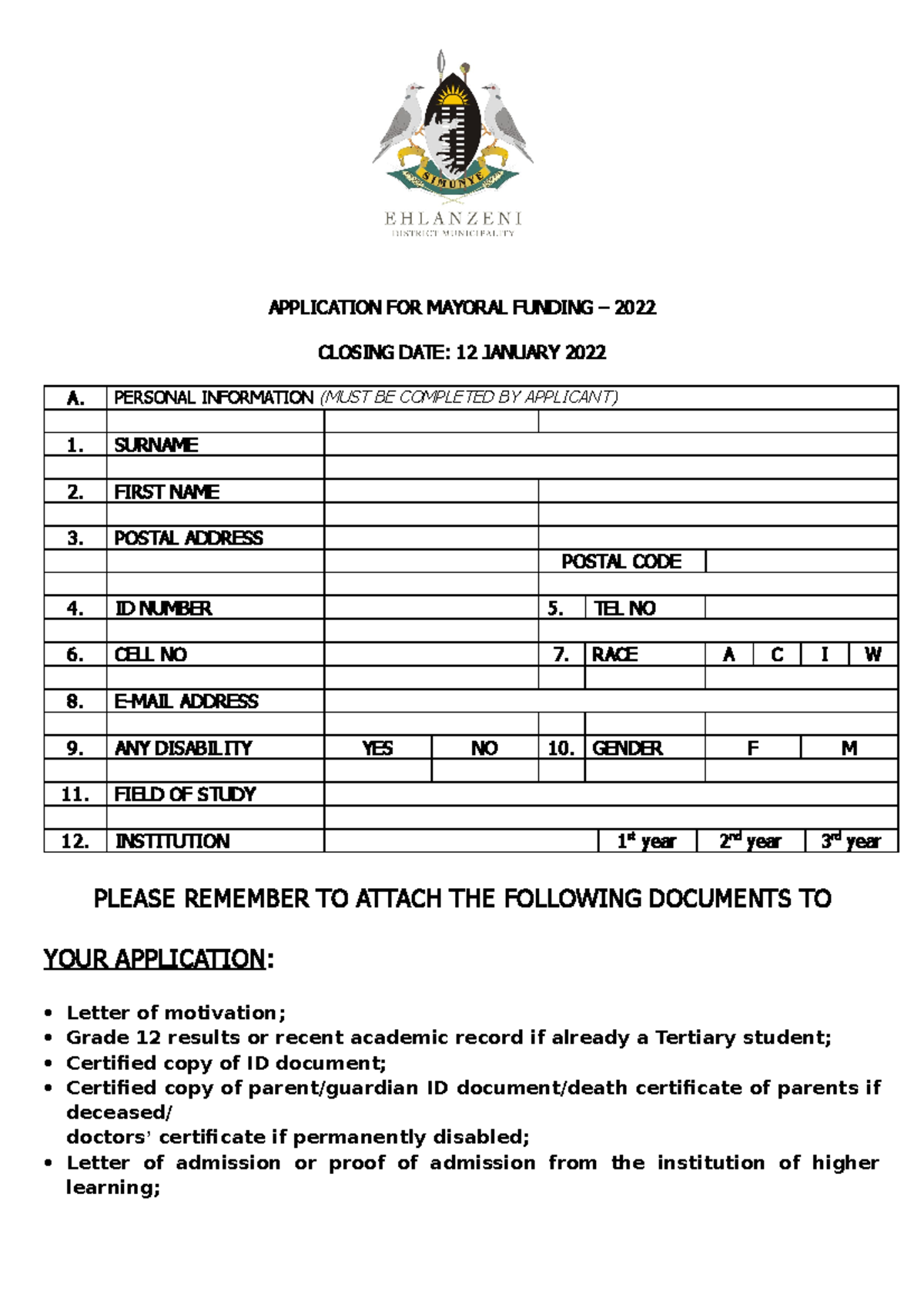 Application FORM - Mayoral Funding basary - APPLICATION FOR MAYORAL ...