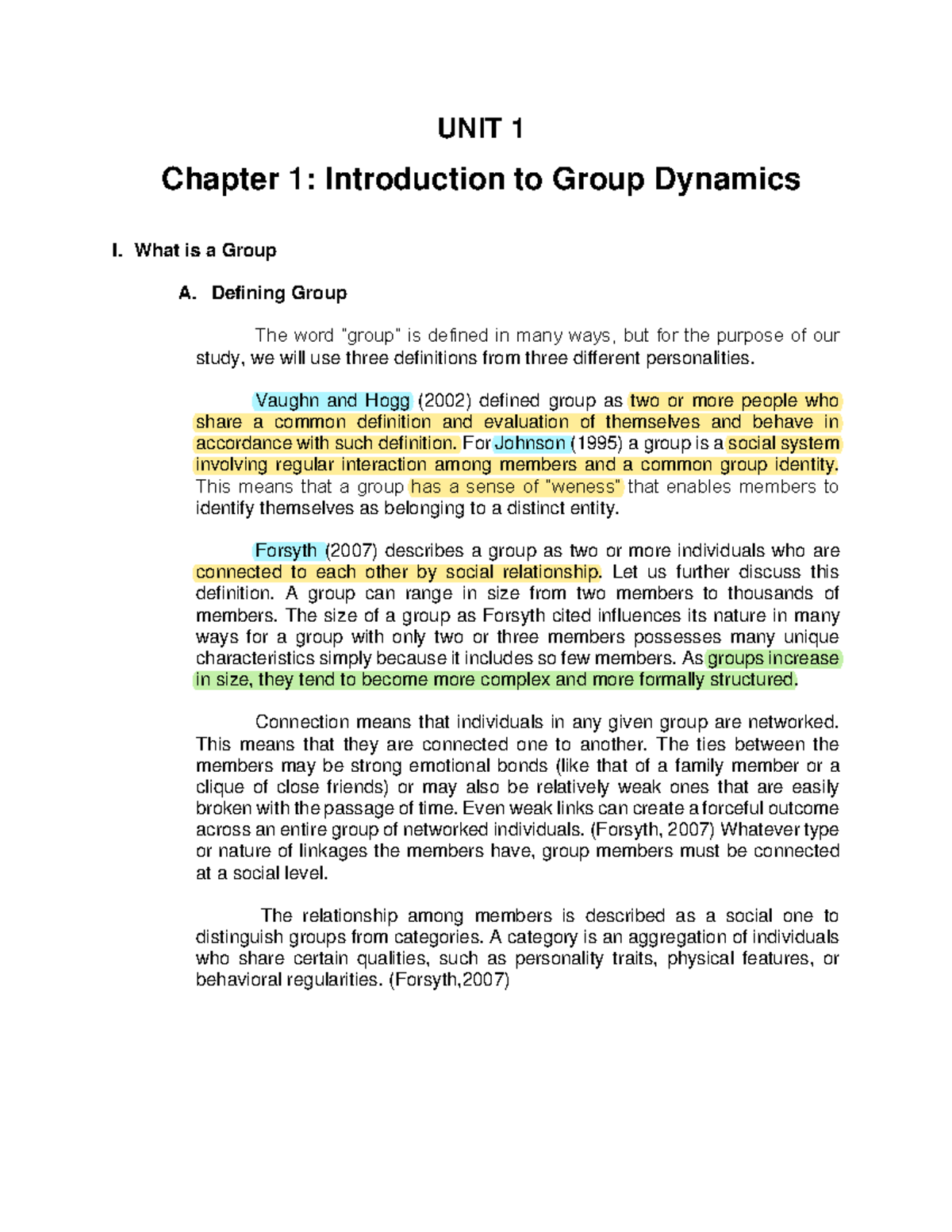 Group dy merged - UNIT 1 Chapter 1: Introduction to Group Dynamics I. What is a Group A ...