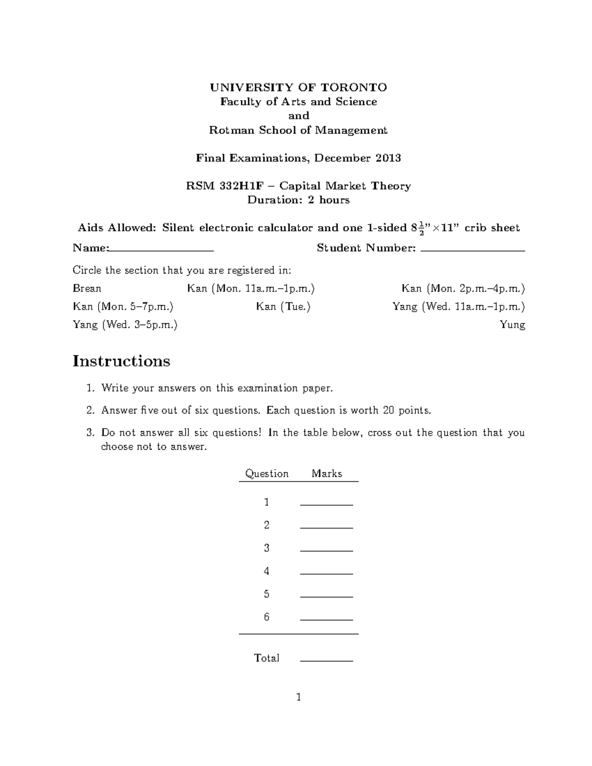 Exam 2013, questions and answers - UNIVERSITY OF TORONTO Faculty of ...