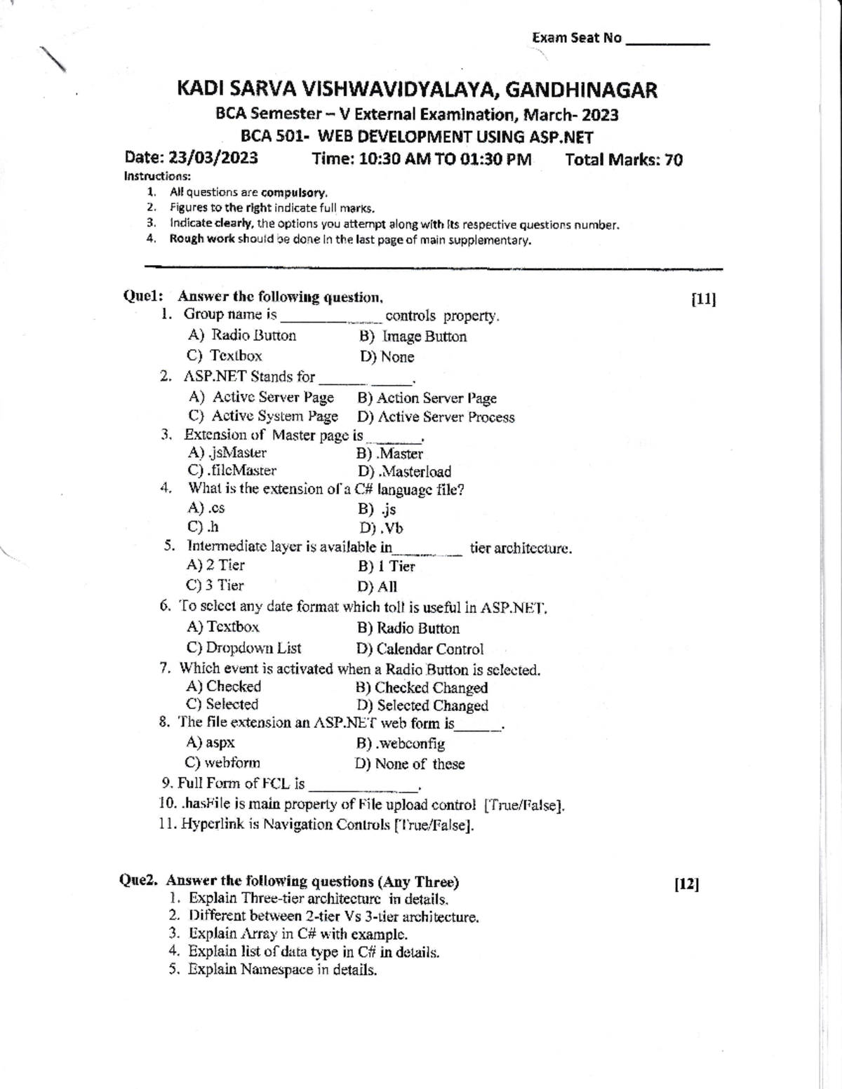 23 MAR 2023 papers - \ Exam Seat No _ KADI SARVA VISHWAVI DYALAY& GAN DH I NAGAR BCA Semester ...