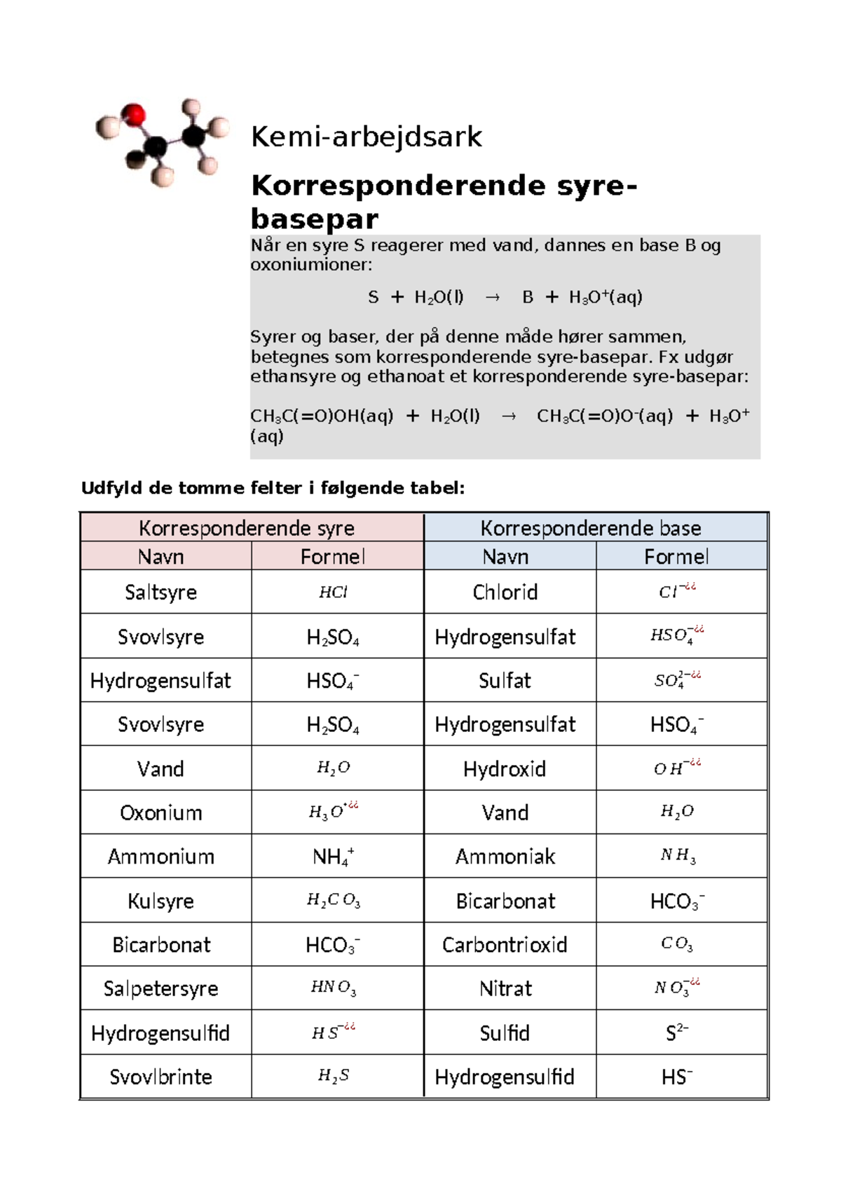 Syre-base korresponderende par - Kemi-arbejdsark Korresponderende syre ...