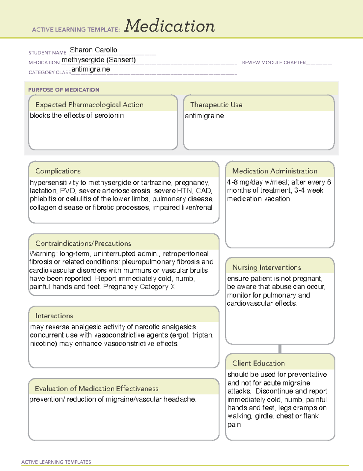 Methysergide - ALT - ACTIVE LEARNING TEMPLATES Medication STUDENT NAME ...