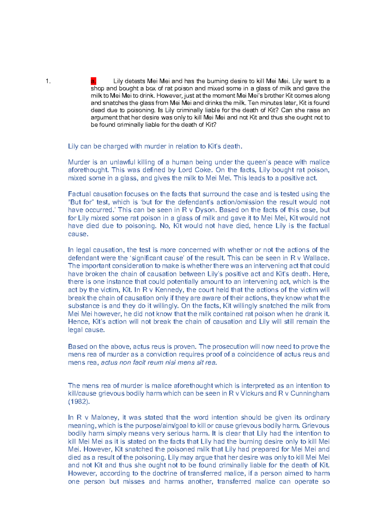 Murder, voluntary manslaughter - a. Lily detests Mei Mei and has the ...