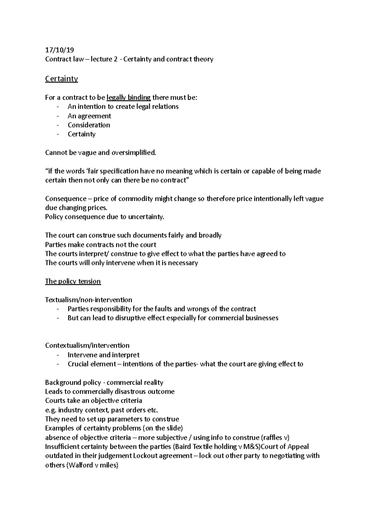 Certainty and contract law theory - 17/10/ Contract law – lecture 2 ...