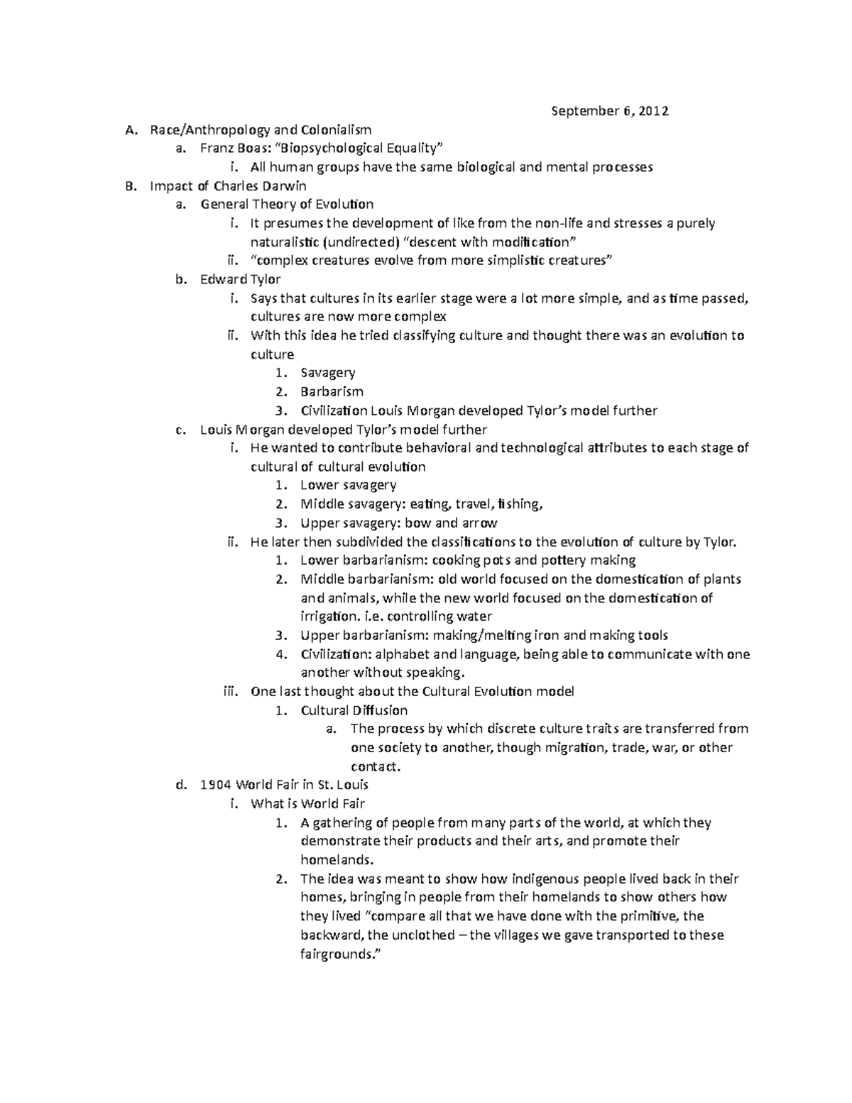 Anthropology and Colonialism - September 6, 2012 A. Race/Anthropology ...