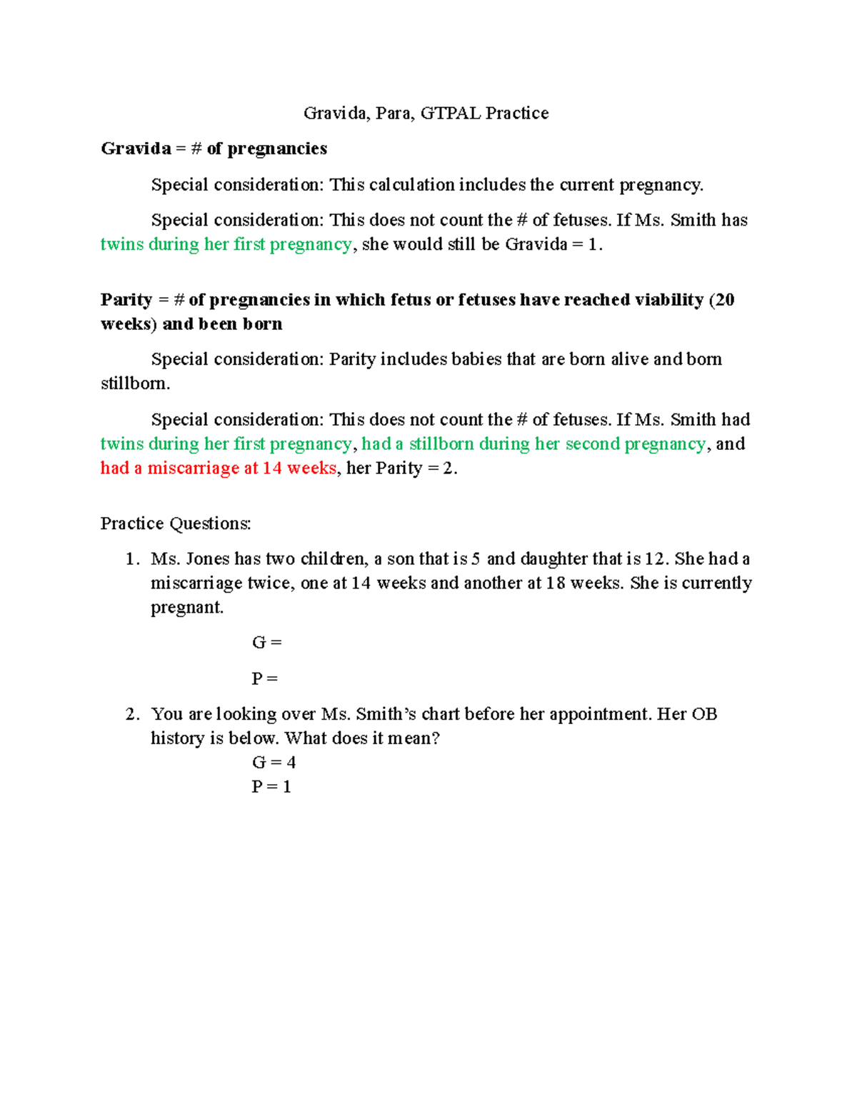 GTPAL Practice Questions - Gravida, Para, GTPAL Practice Gravida = # of ...