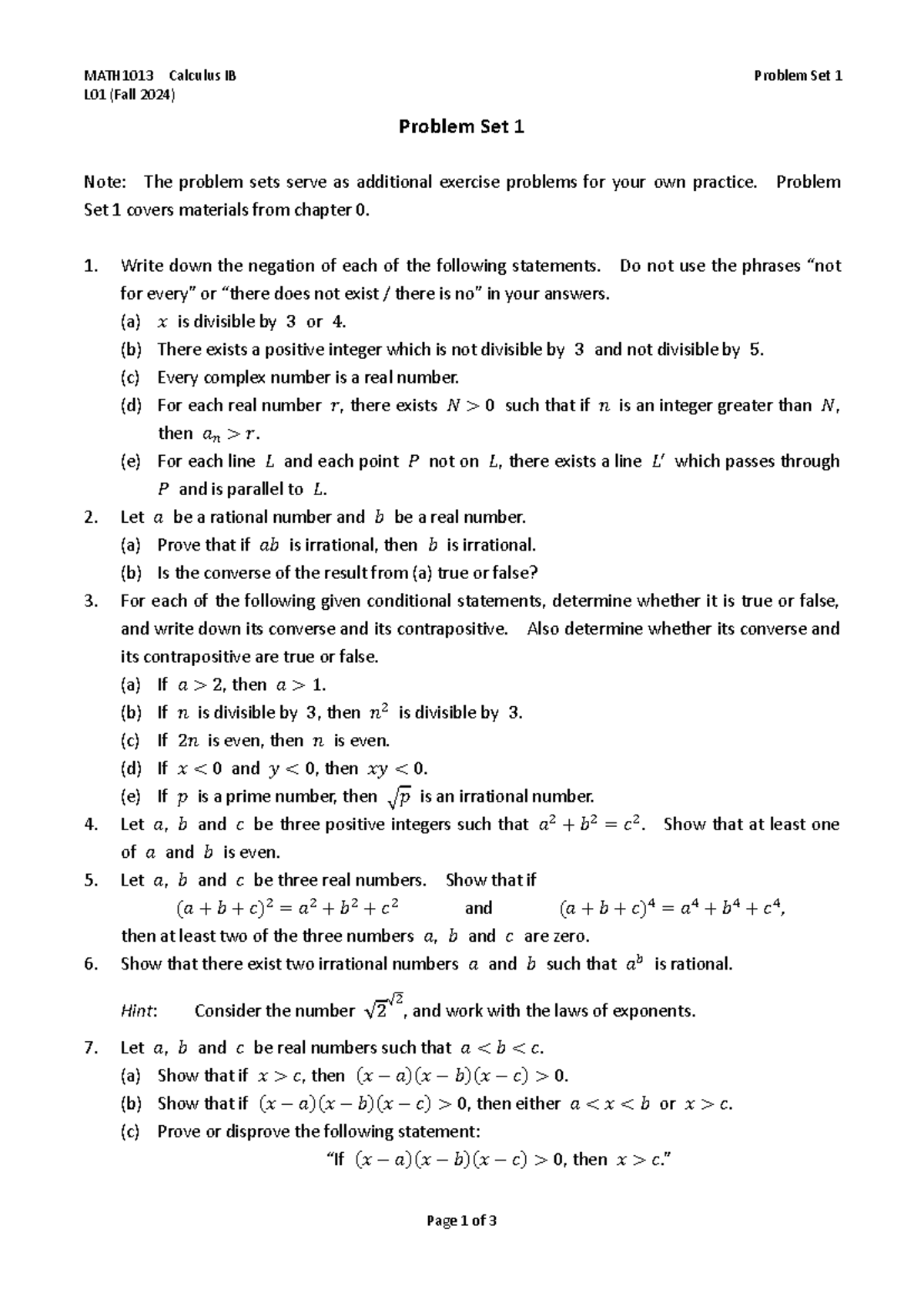 1013L1 Problem Set 1 - exercise - MATH1013 Calculus IB Problem Set 1 L01 (Fall 202 4 ) Page 1 of ...