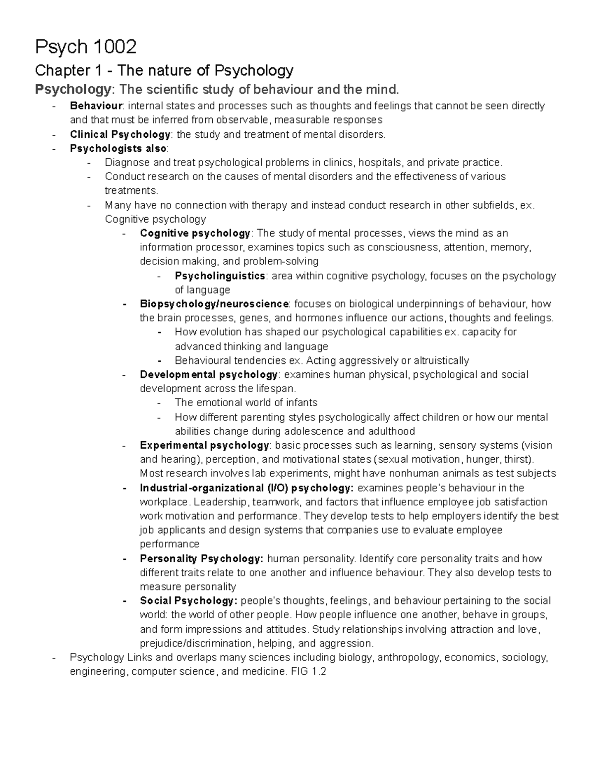Psych 1002 - Google Docs - Psych 1002 Chapter 1 - The nature of ...